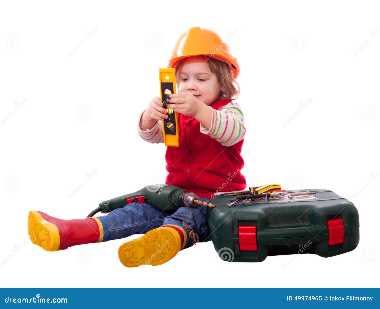 Child in Builder Hardhat with Tools Stock Image - Image of playing ...