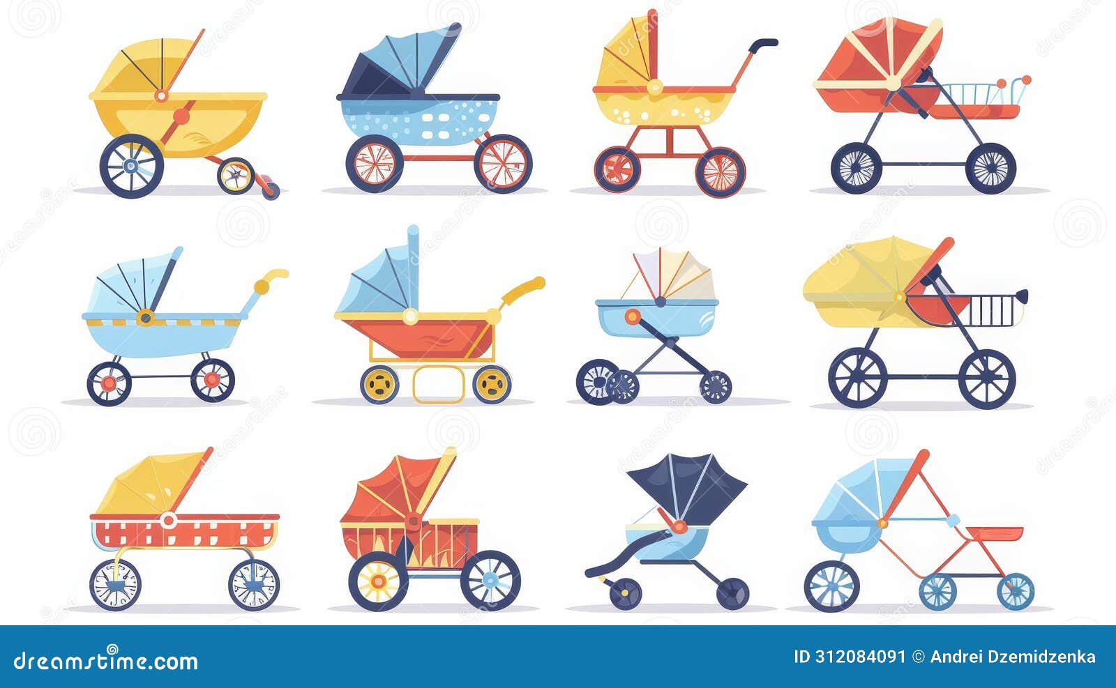 Child Carts, Infant Carriages for Walking, Different Design Types. Flat ...