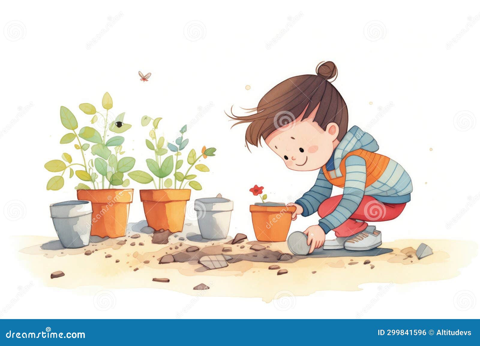 Child Checking Soil Moisture in Herb Pots Stock Illustration ...