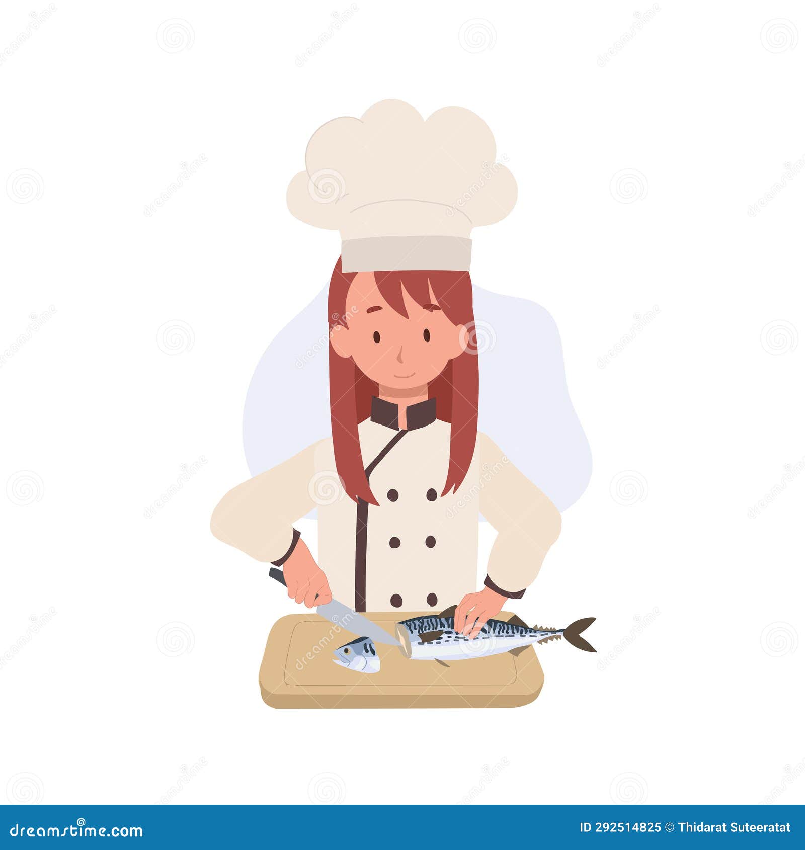 Child Chef Prepares Mackerel Fish. Cute Young Chef Cooking Mackerel ...