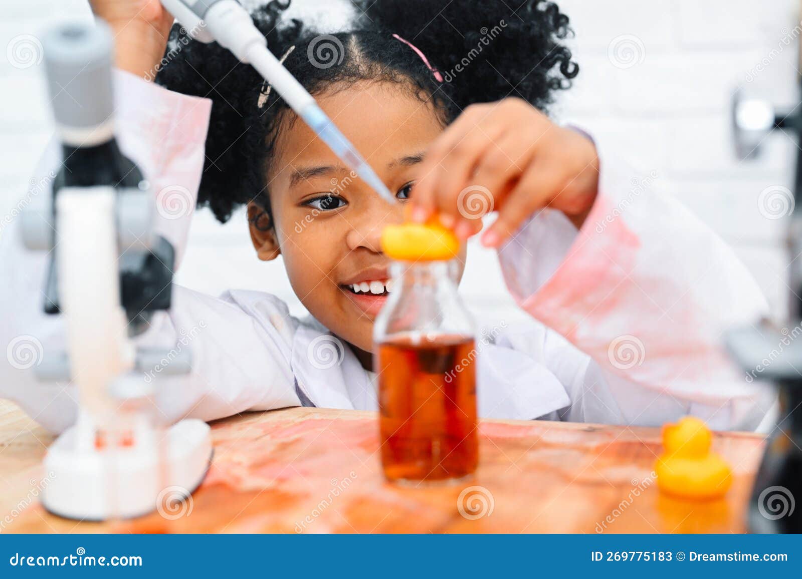 Child in Classroom at School, Kid Dressed Science Lab Coat. Science ...