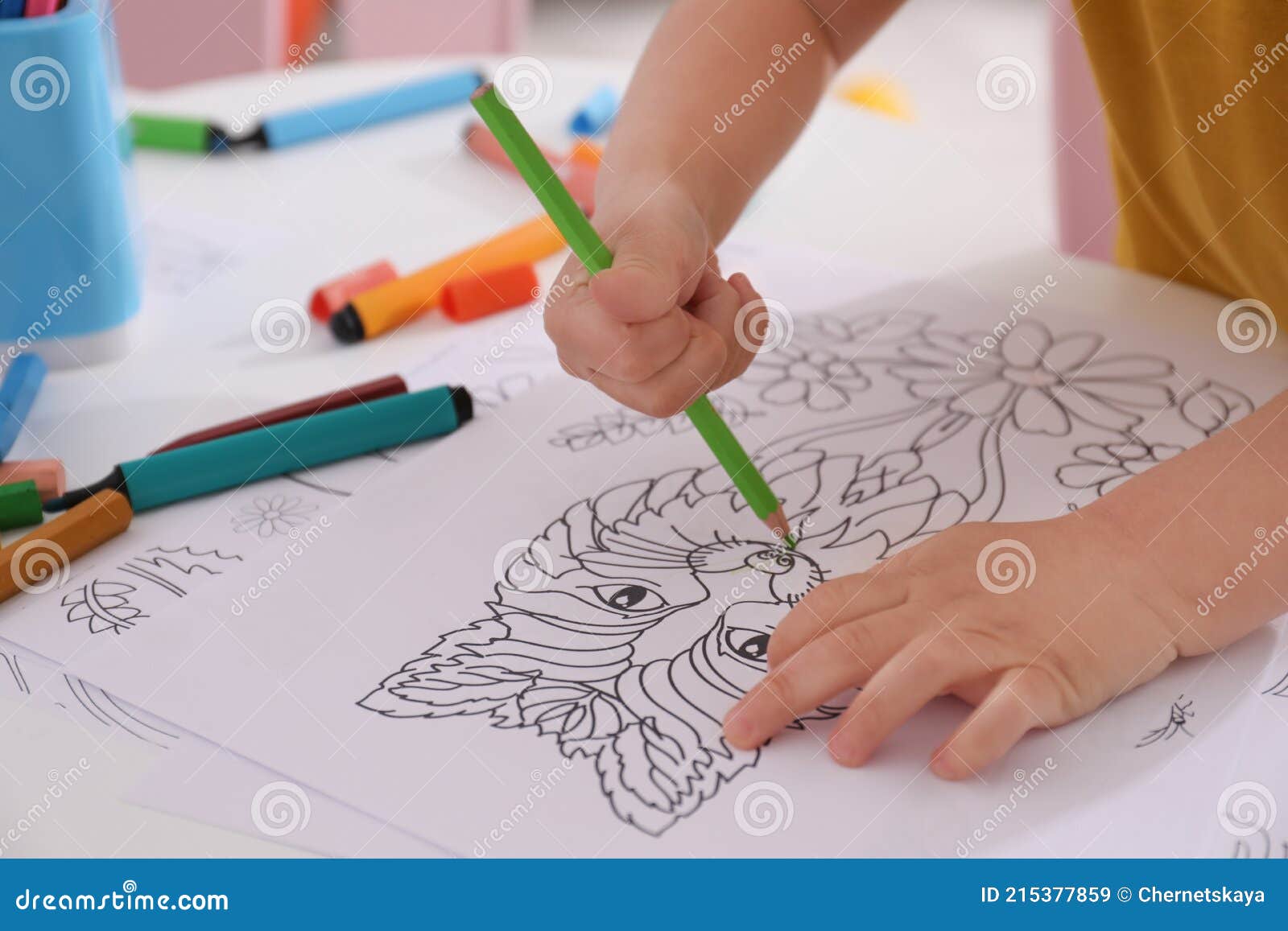 Child Coloring Drawing at Table in Room, Closeup Stock Image - Image of ...