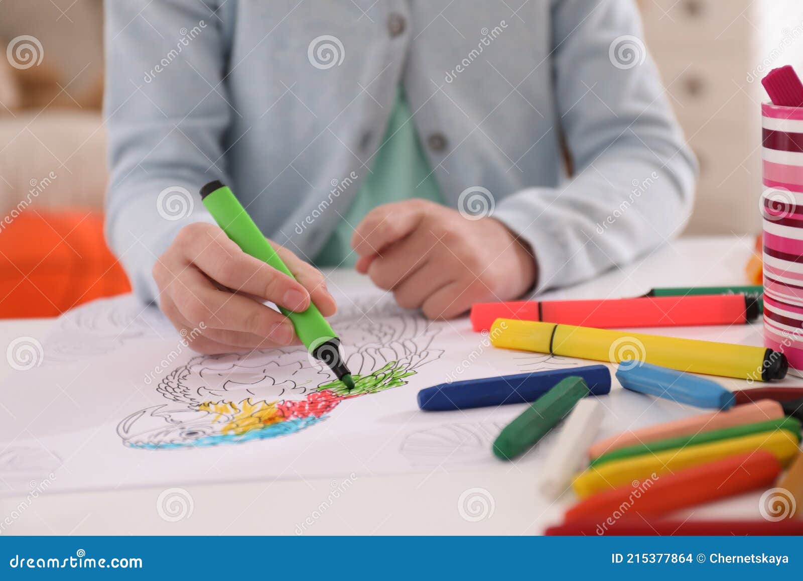 Child Coloring Drawing at Table in Room, Closeup Stock Photo - Image of ...