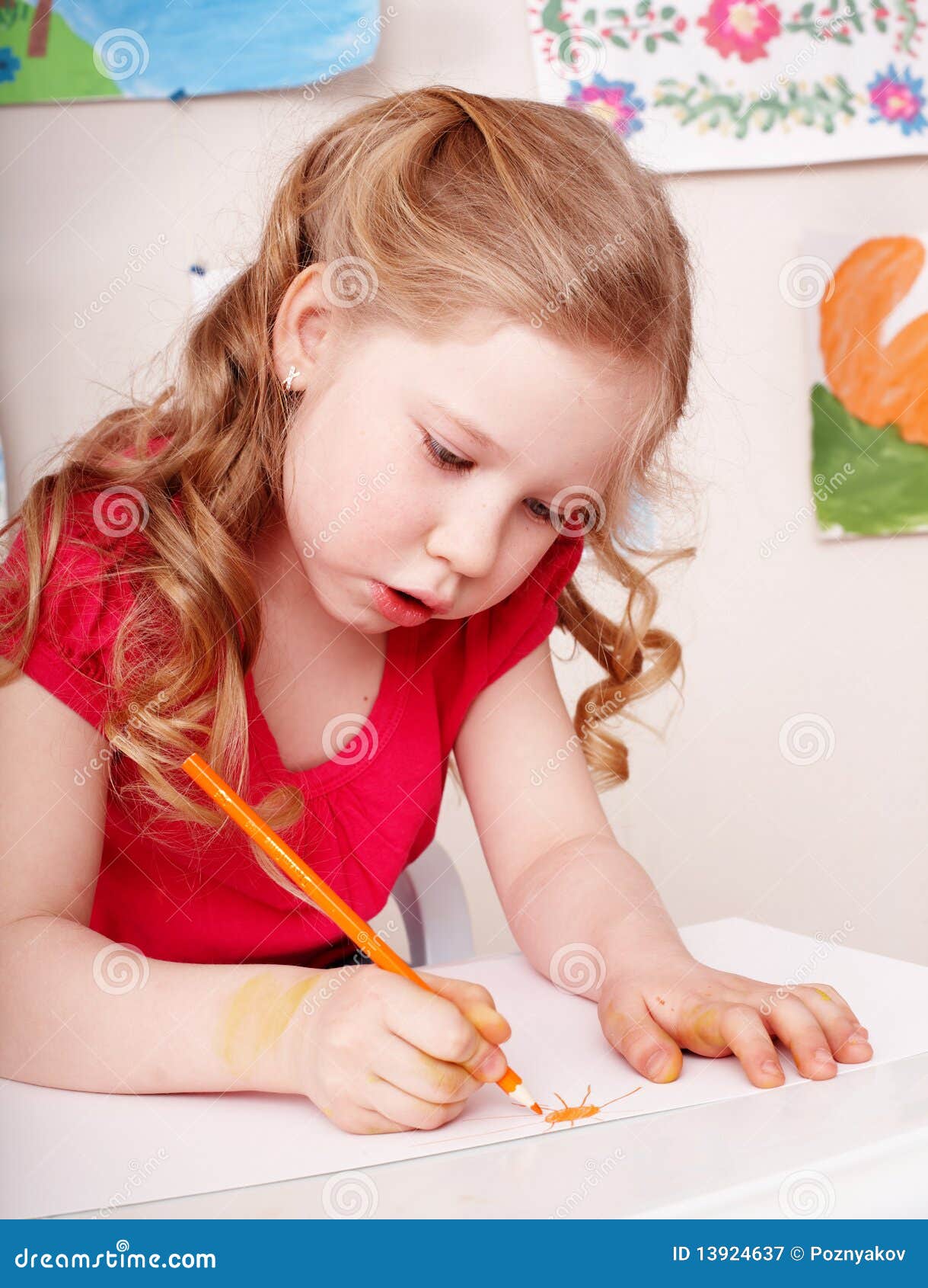 Child with Colour Pencil Draw in Preschool. Stock Image - Image of ...