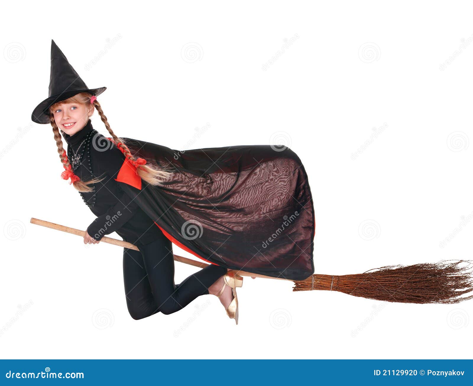 Child in Costume Halloween Witch Fly on Broom. Stock Photo - Image of ...