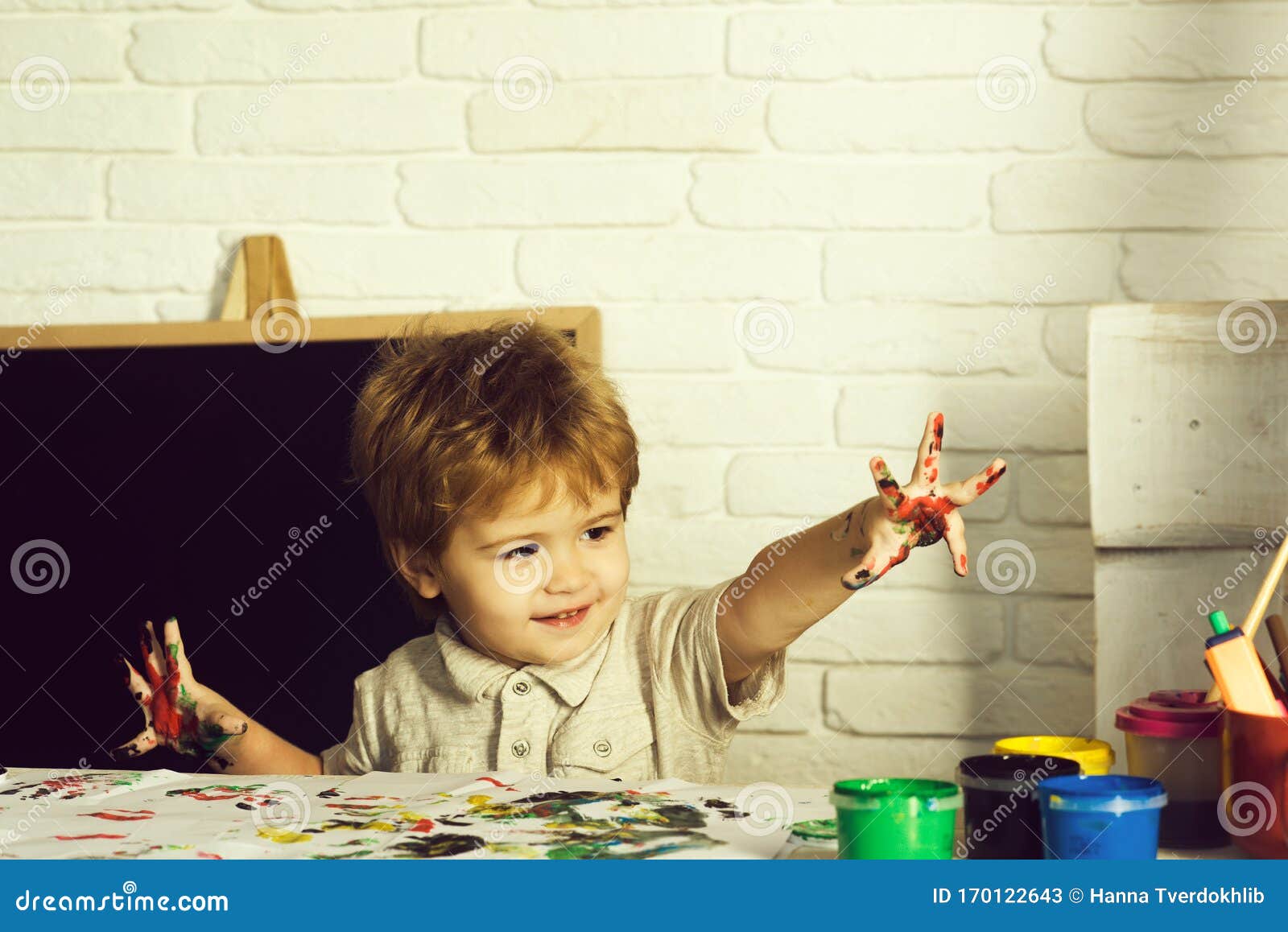 Child and Creative Education. Boys and Multi Colored Paints on Hands ...