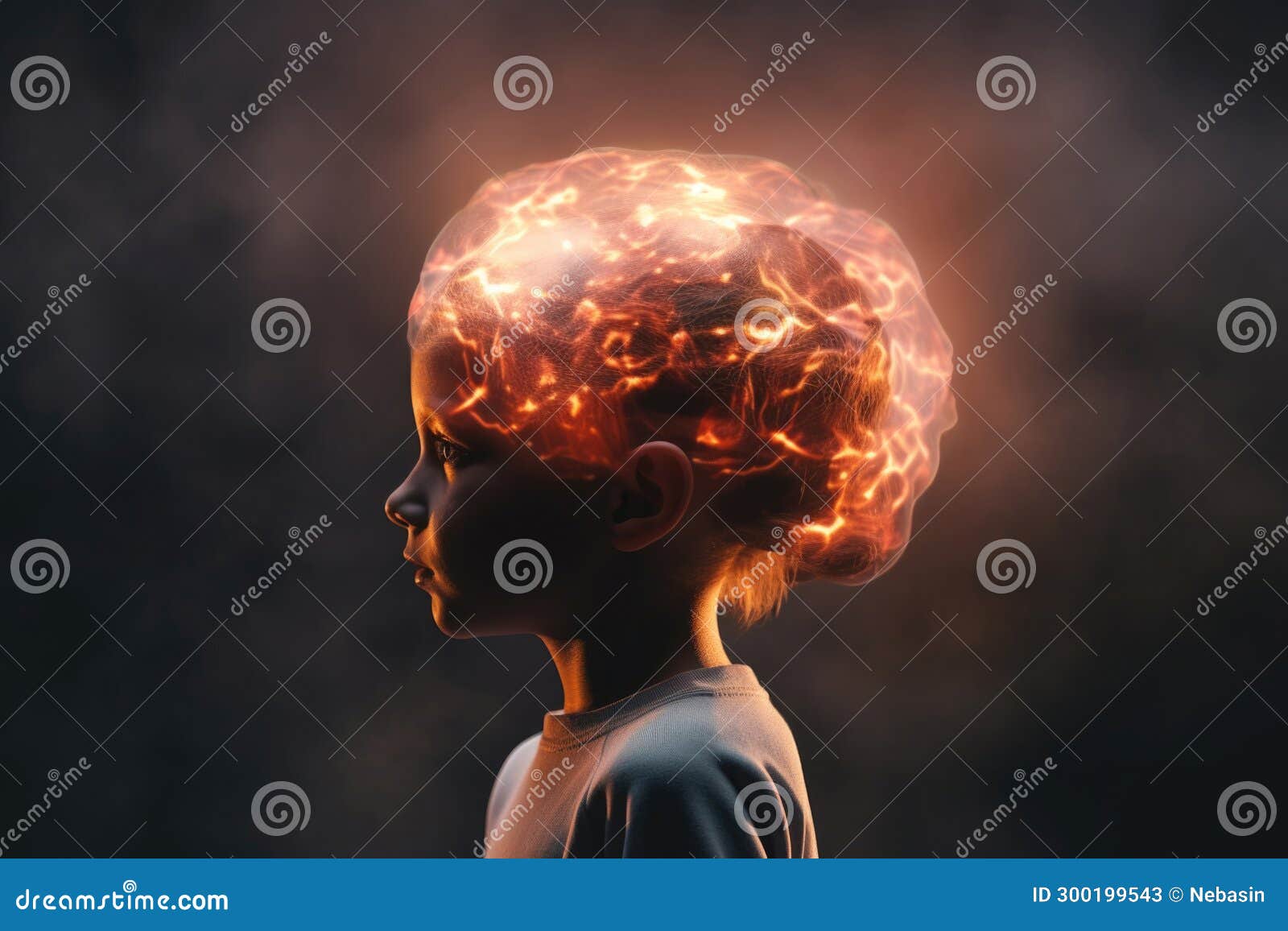 A Child Depicted with Shimmering Lights in the Brain Area Against a Dim ...