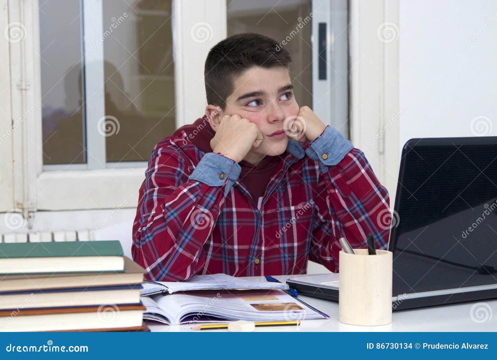 Child Distracted Thinking on the Desk Stock Photo - Image of house ...