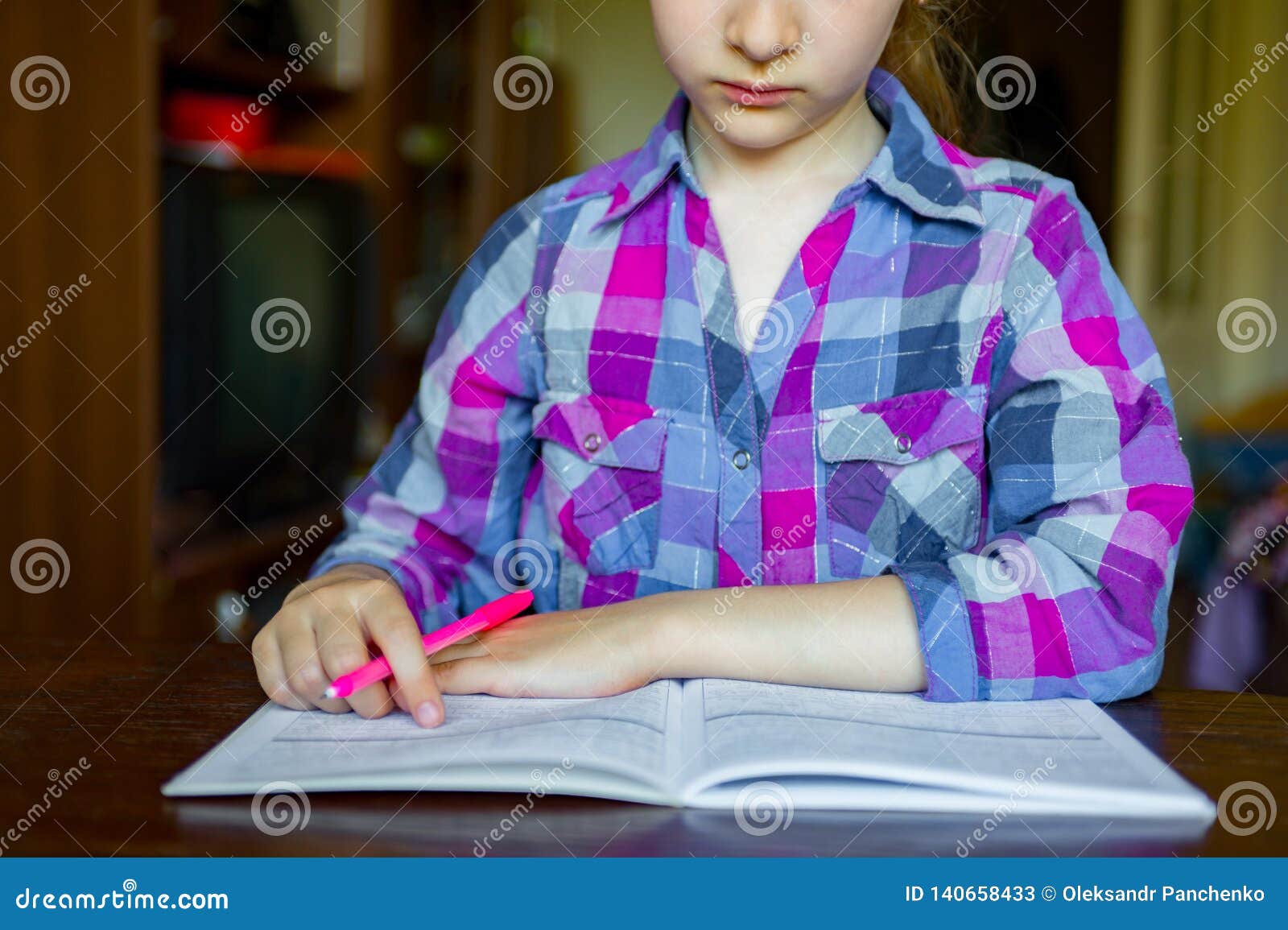 Child Do His Homework. Notebook for Mathematic. Hand Hold Pen Stock ...