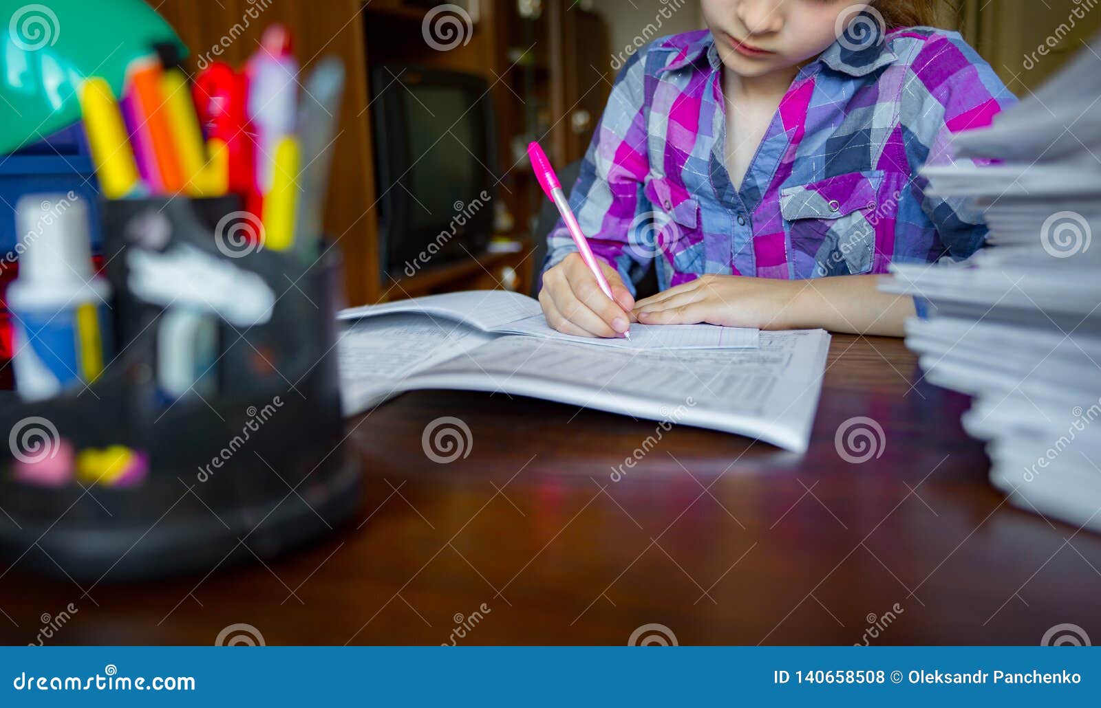 Child Do His Homework, Writing And Learning. Close-up On Hand Writing ...