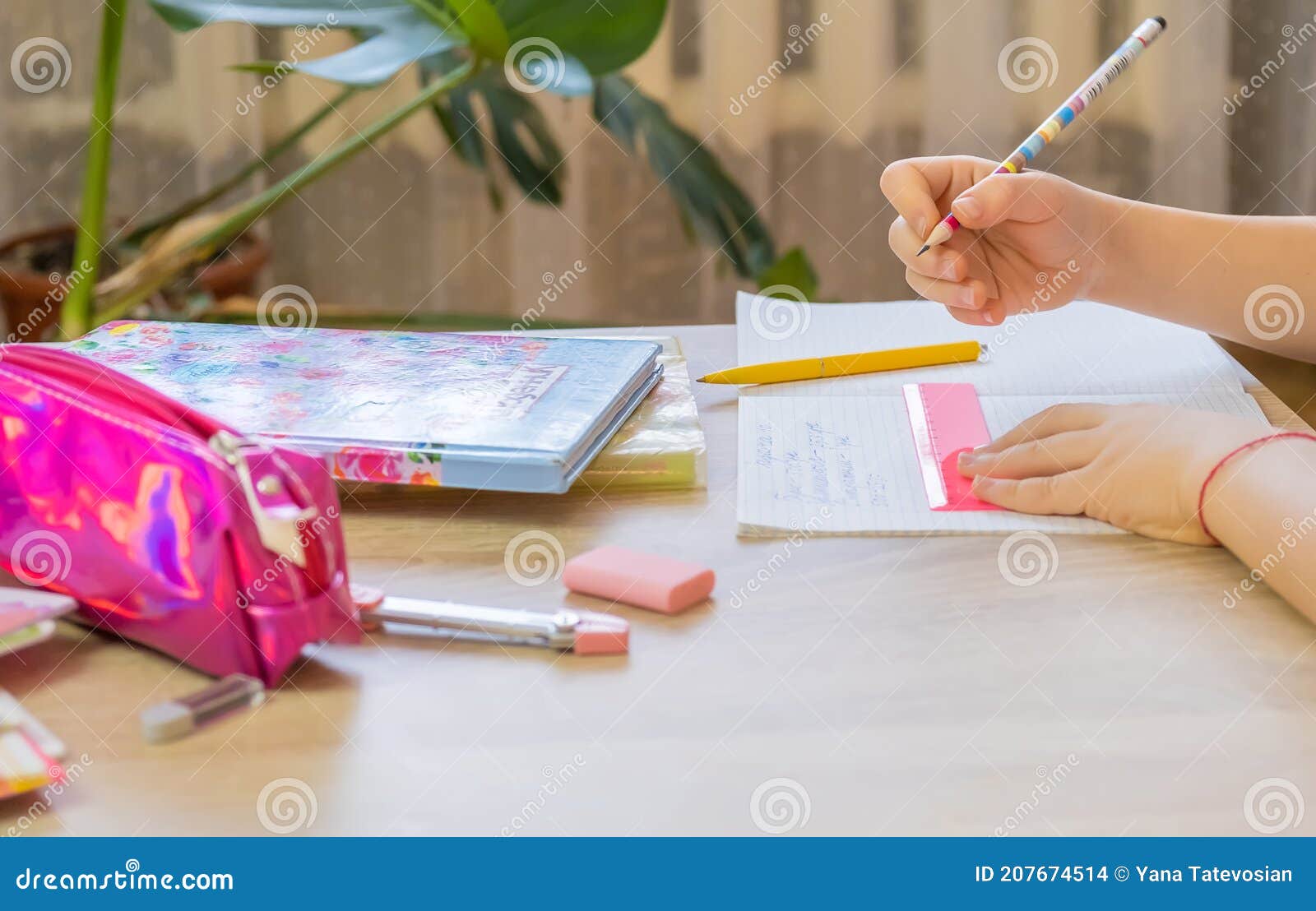 The Child Does His Homework, Drawing with a Ruler. Selective Focus ...