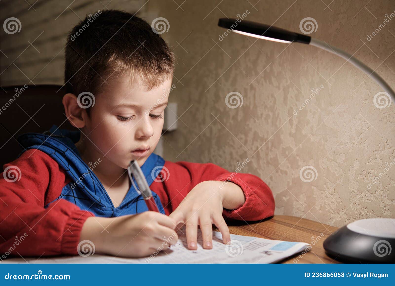 Child is Doing Homework in the Light of the Lamp in the Evening. a Boy ...