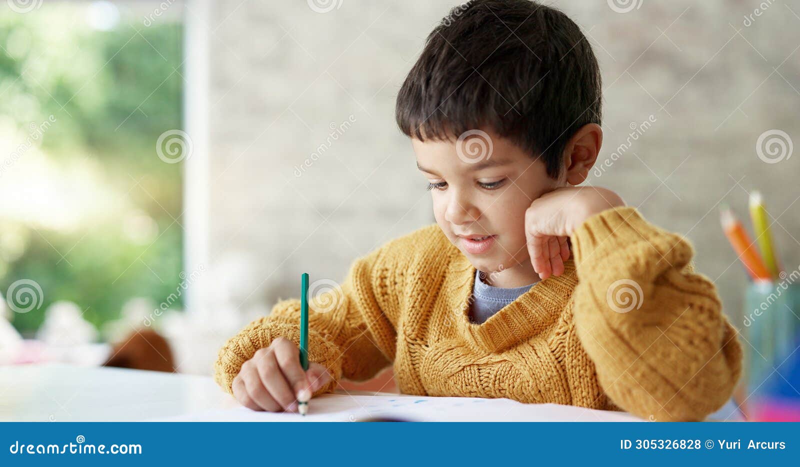 Child, Drawing or Boy Writing Homework on Notebook in Kindergarten ...