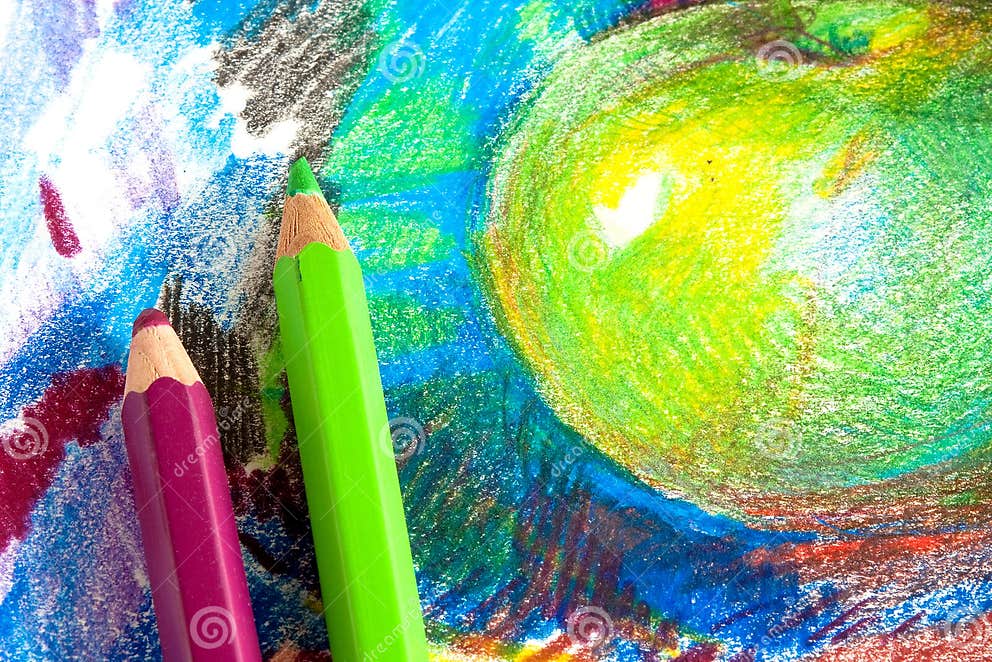 Child Drawing by Colored Pencils Stock Photo - Image of blue, paper ...