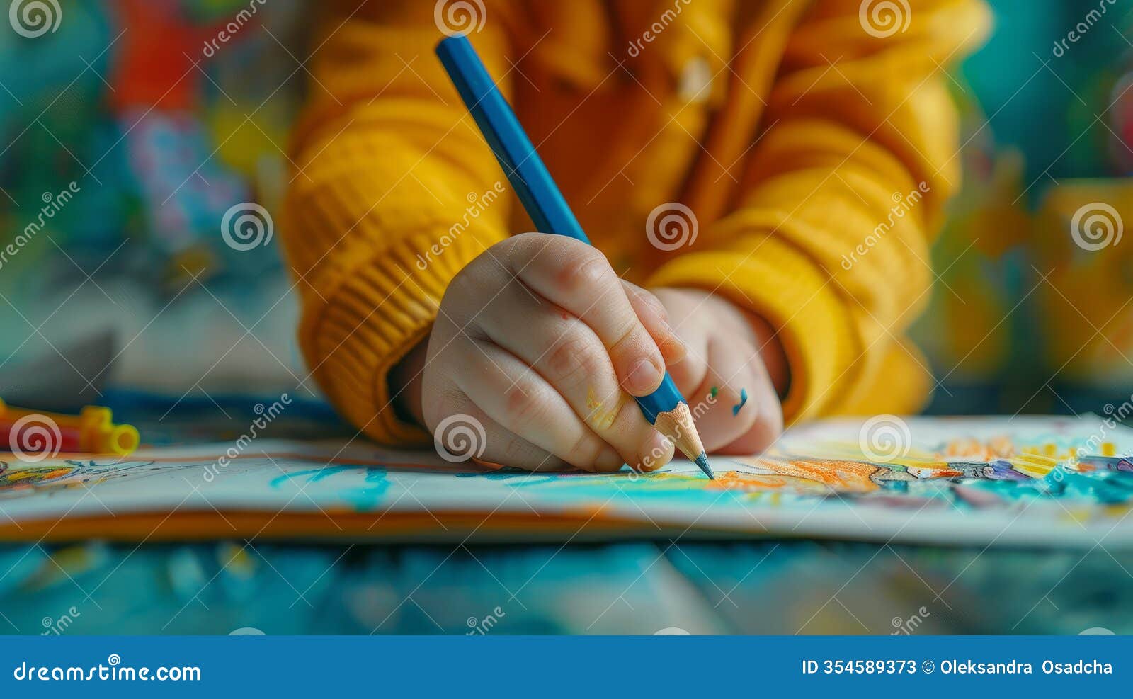 Child Drawing with Crayons on Paper. Stock Image - Image of handeye ...