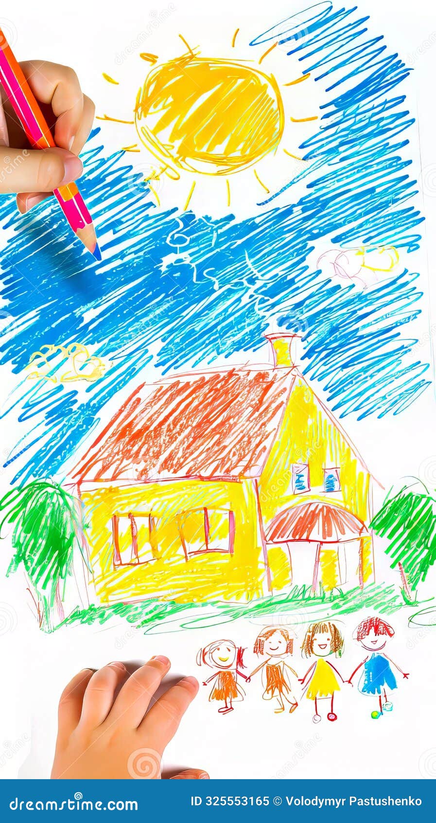 A Child Drawing a House with Colored Pencils Stock Image - Image of ...