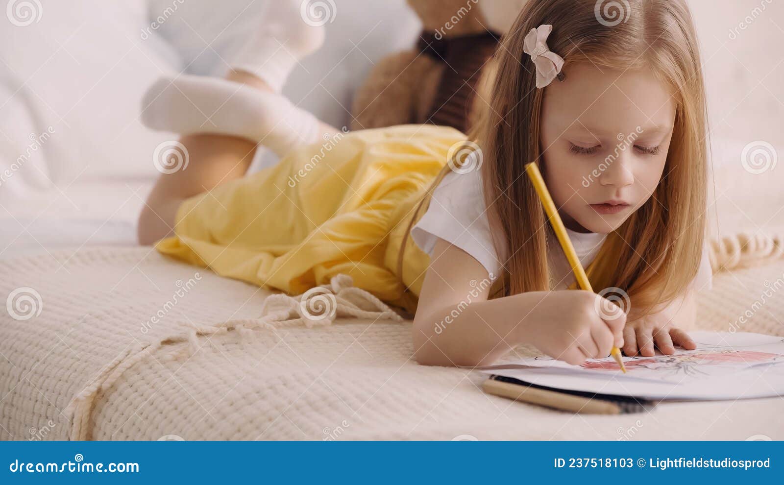 Child Drawing on Paper on Blanket Stock Image - Image of preschooler ...