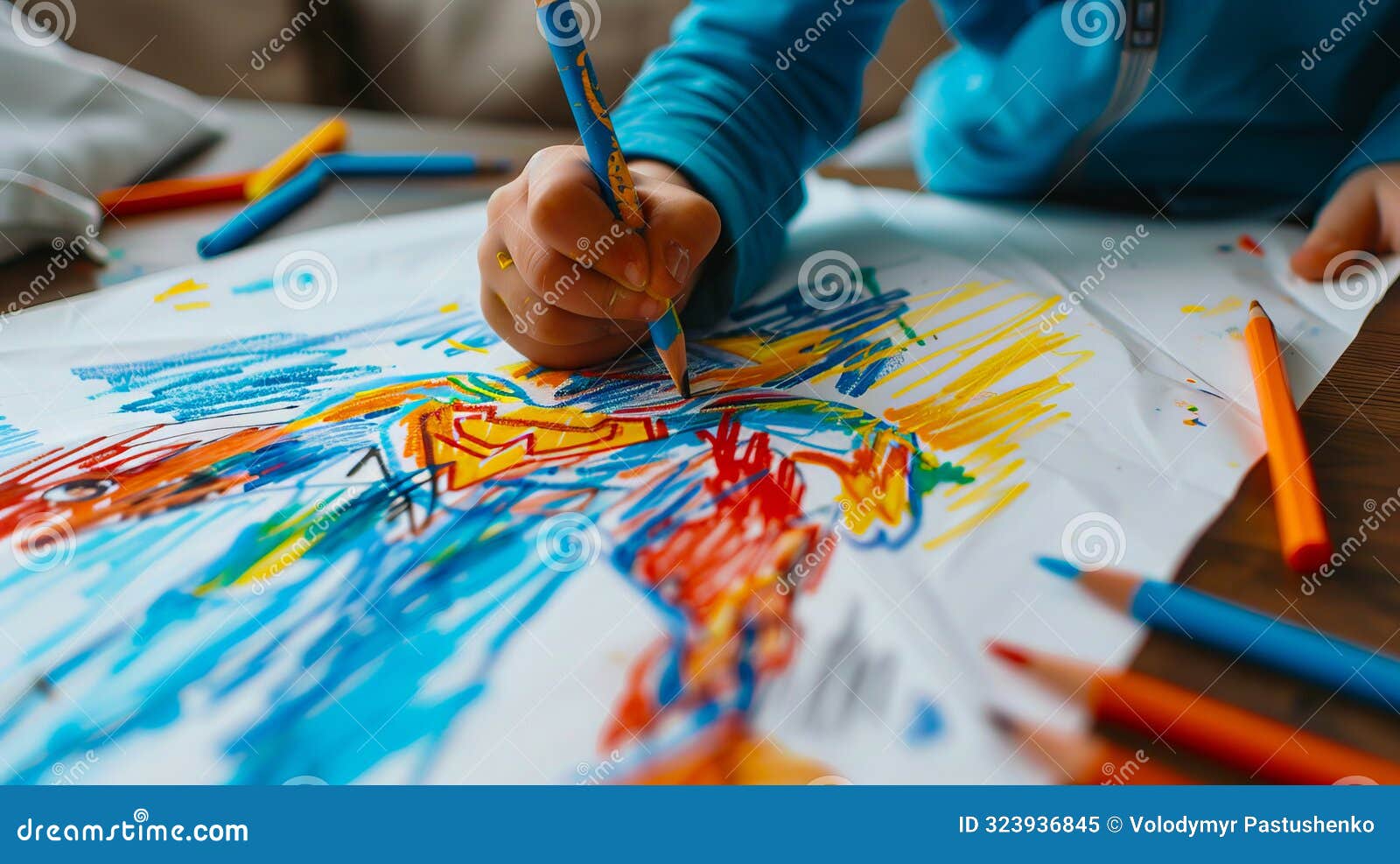 A Child is Drawing on Paper with Colored Pencils Stock Image - Image of ...