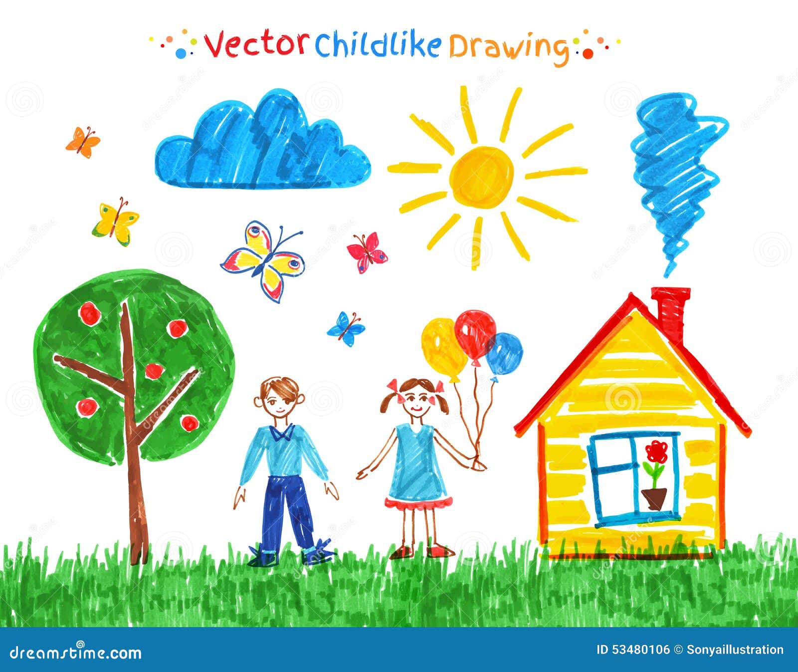 Child Drawings. Kids Doodle Paintings, Children Crayon Drawing And Hand ...