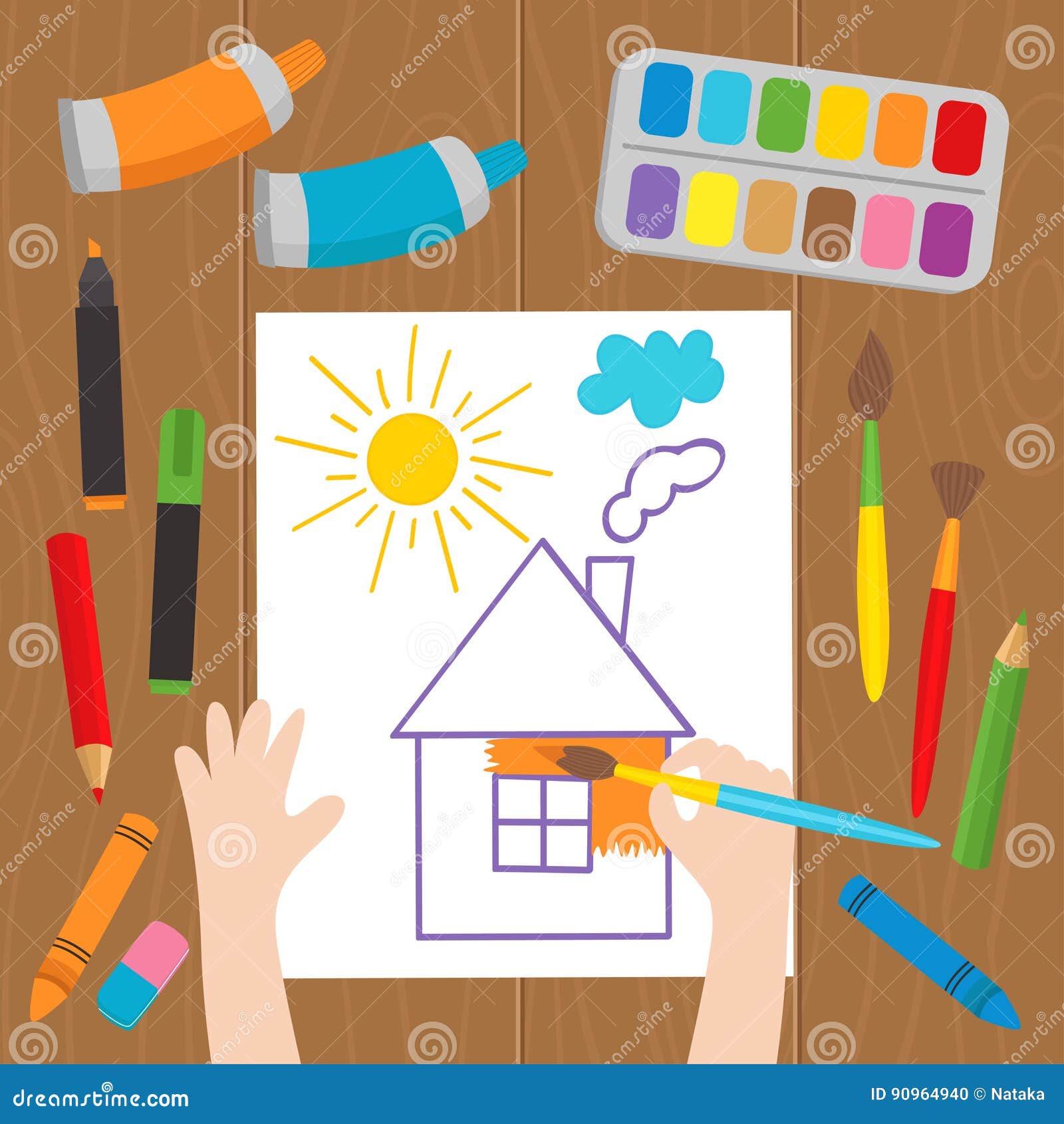 Child draws at the desk stock vector. Illustration of house - 90964940