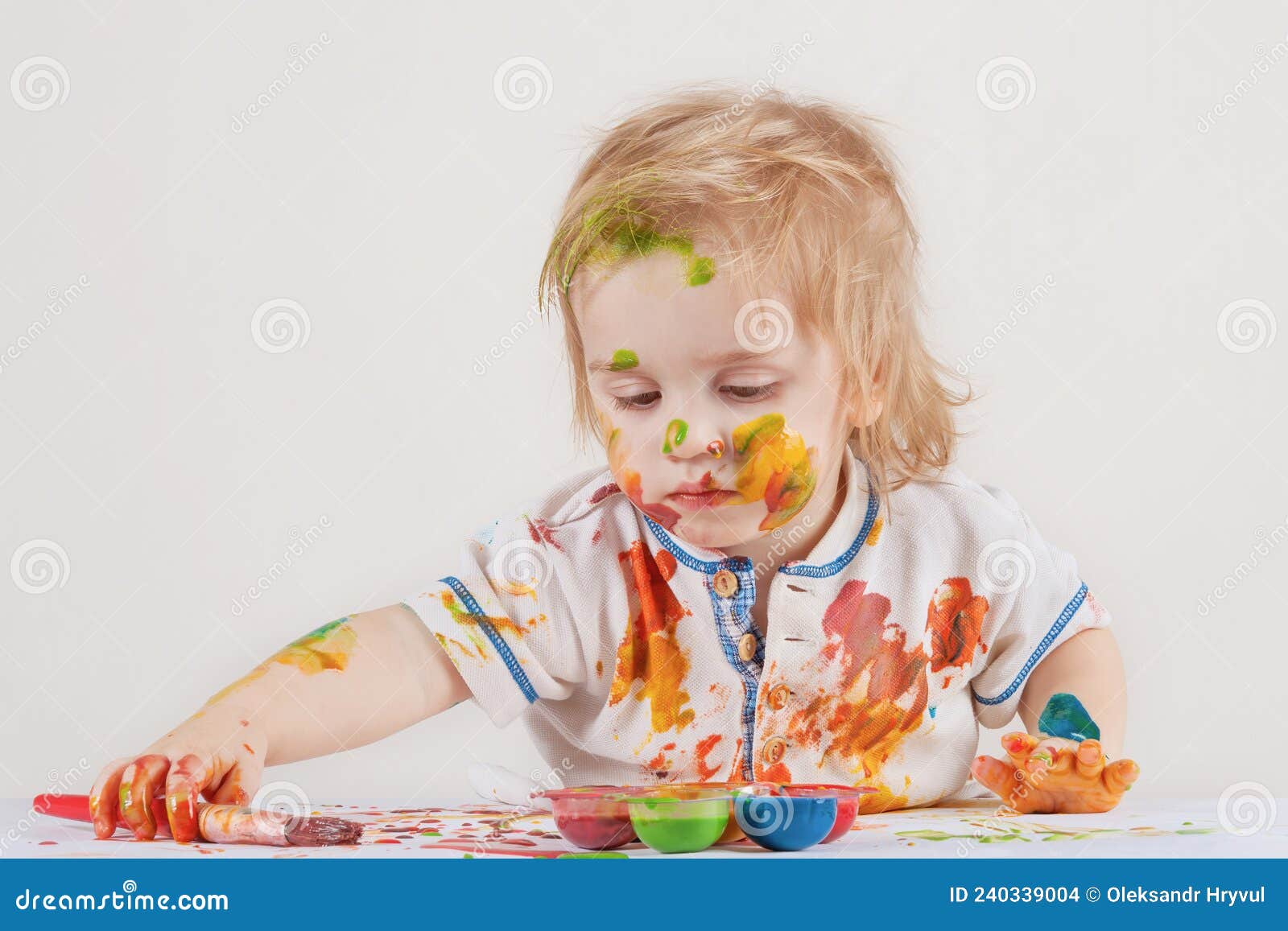 Child Draws with Paints. Big Paintbrush in a Hand Stock Photo - Image ...