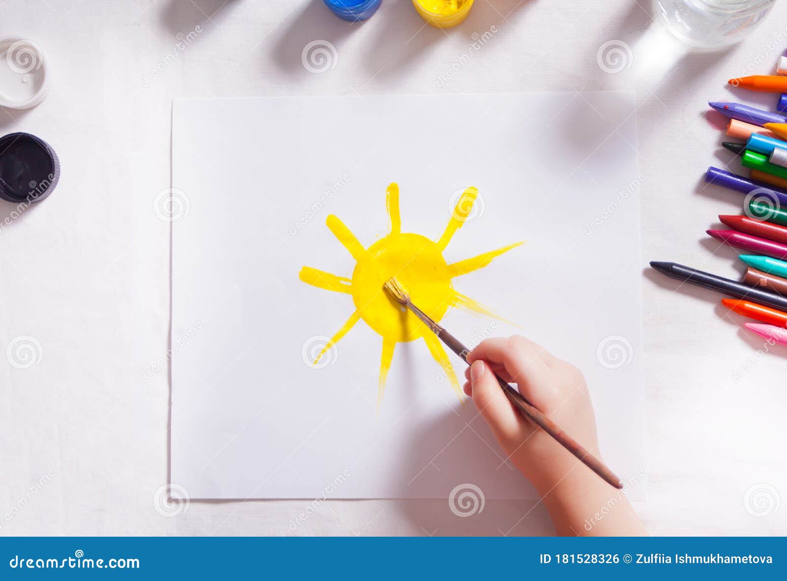 A Child Draws Sun with Colored Paints on the Paper Stock Photo - Image ...