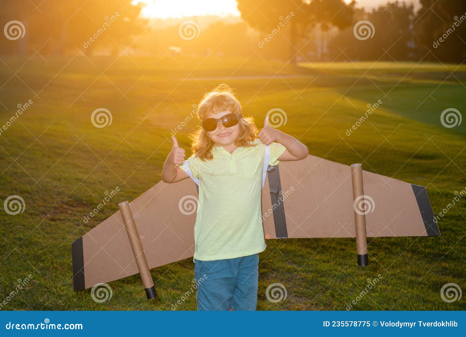 Child Dreams of Becoming a Rocket Pilot at Sunset. Imagination and ...
