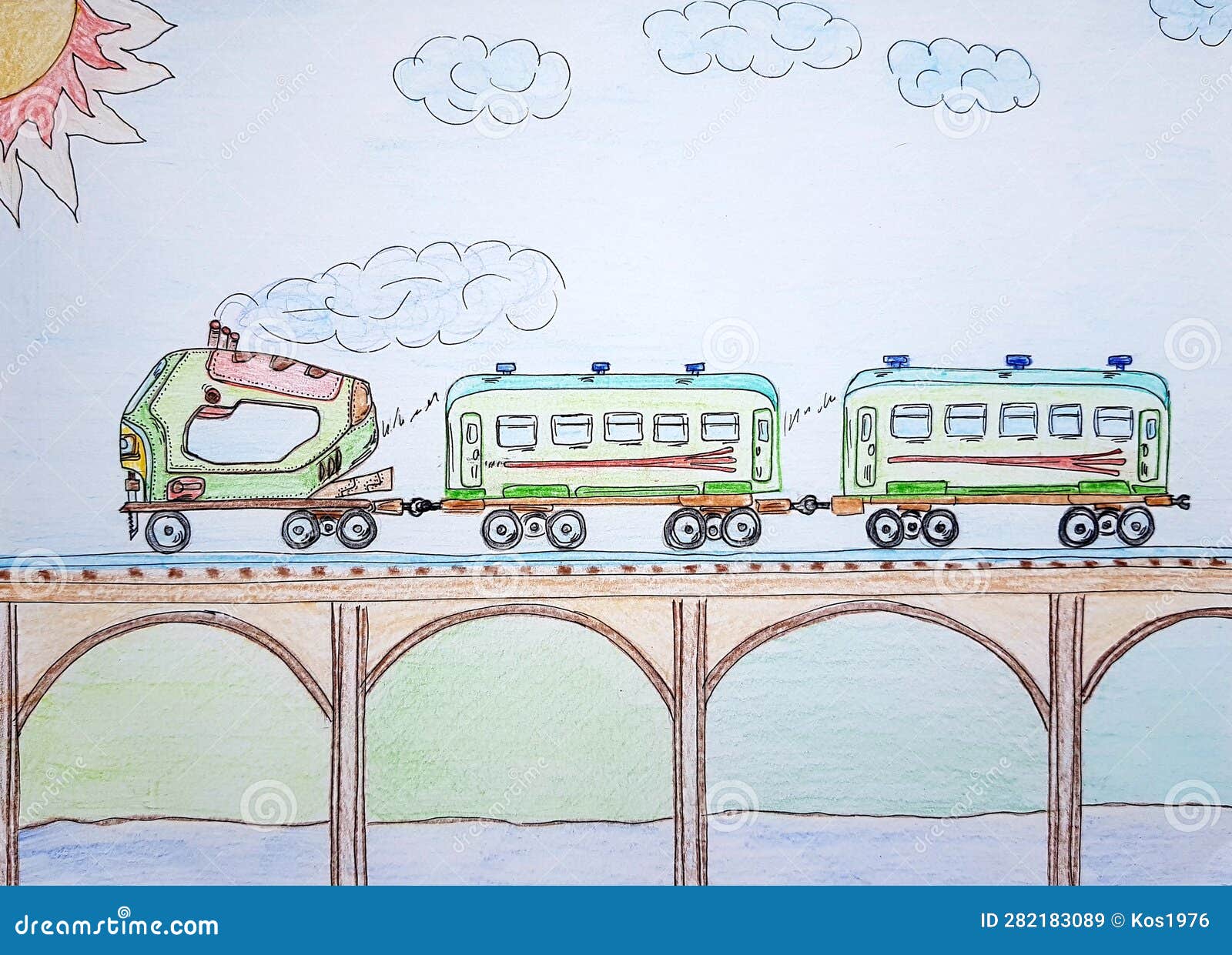 The Child Drew a Train on the Bridge Stock Illustration - Illustration ...
