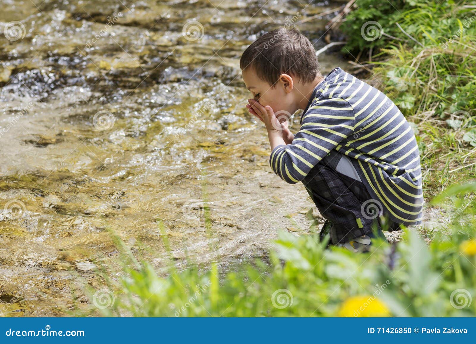 Child Drinking Clean River Water Stock Photo - Image of river ...