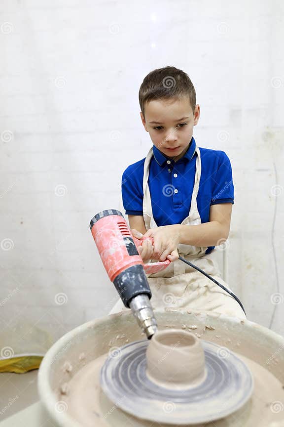 Child Drying Cup on Pottery Wheel Stock Photo - Image of male ...