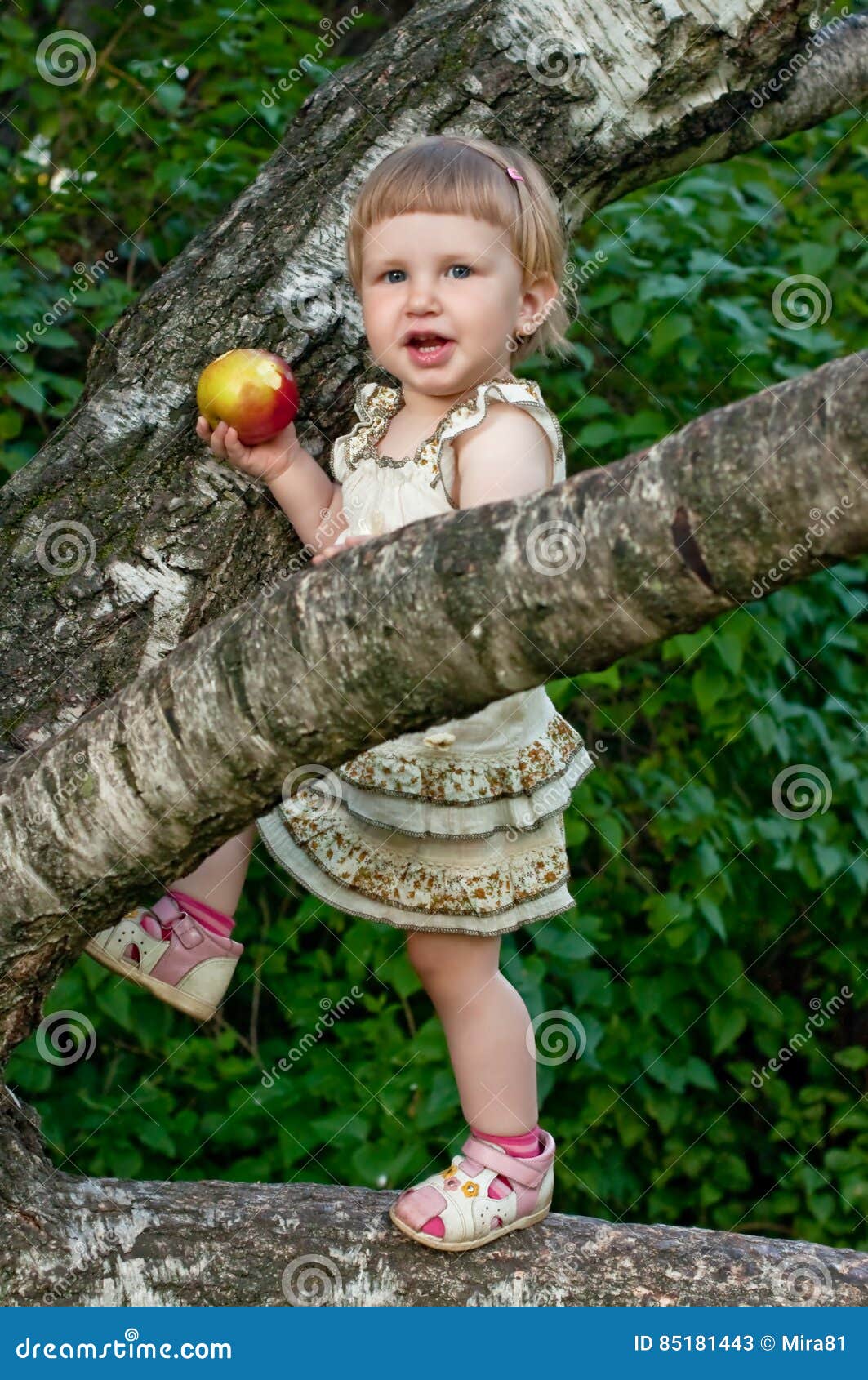 Child Eating Apple in the Tree Branches Stock Image - Image of summer ...