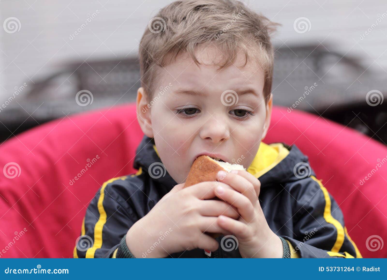 Child eating bun stock photo. Image of holding, looking - 53731264
