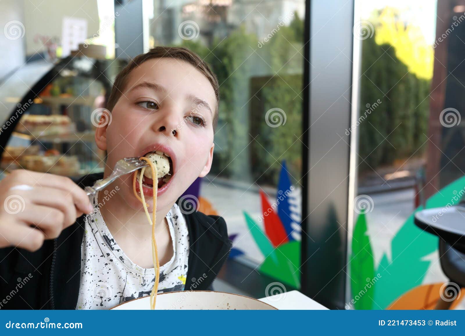 Child Eating Chicken Meatballs with Spaghetti Stock Image - Image of ...