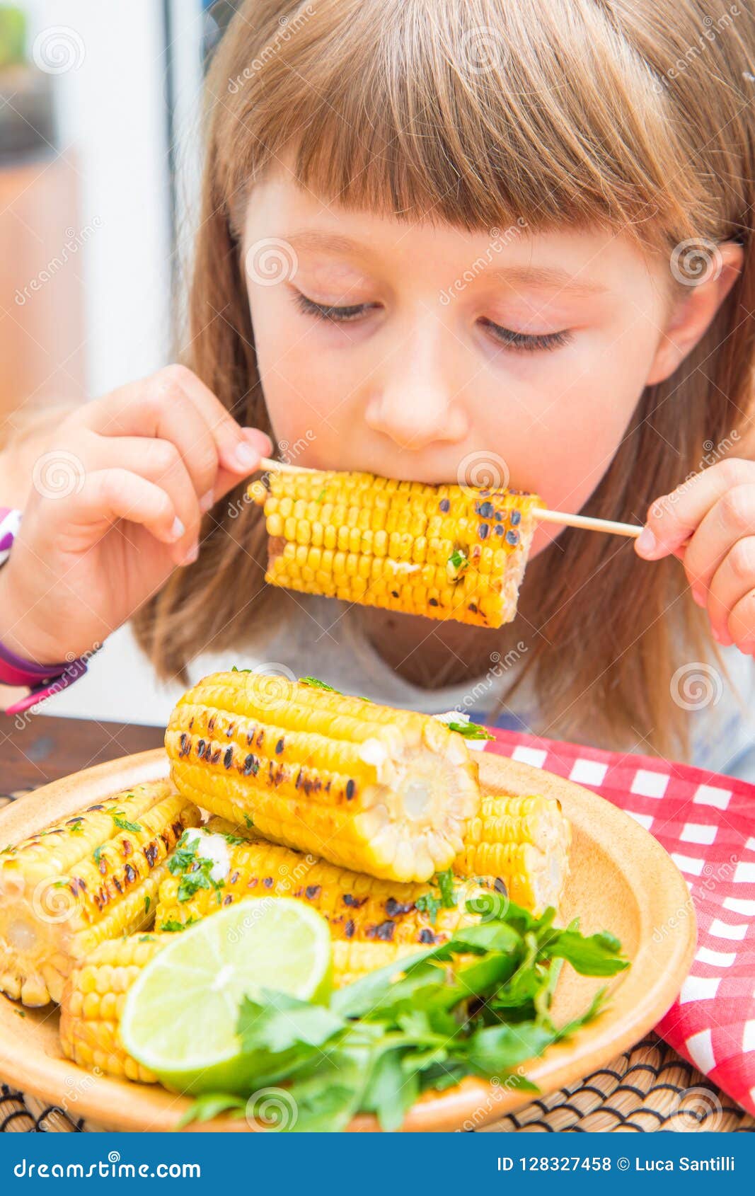 Child Eating Delicious Grilled Corn Stock Photo - Image of children ...