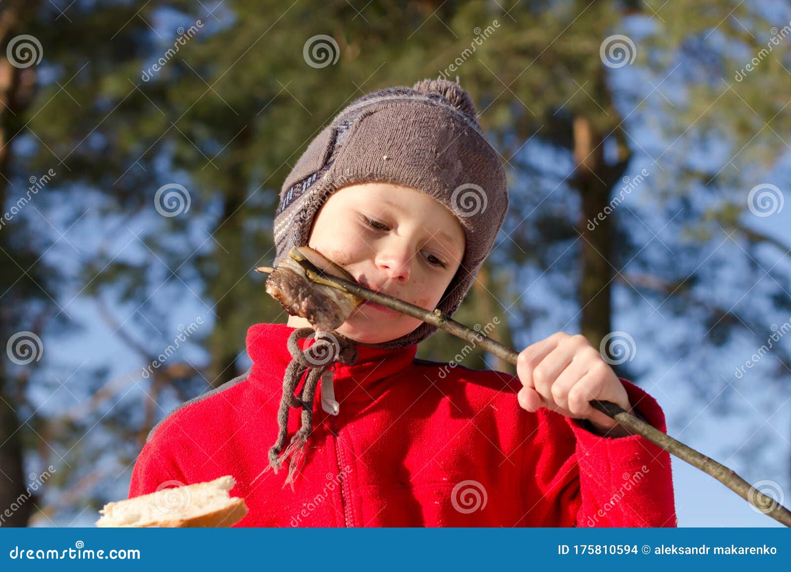 Child Eating Meat on a Picnic in Nature in the Forest Stock Photo ...