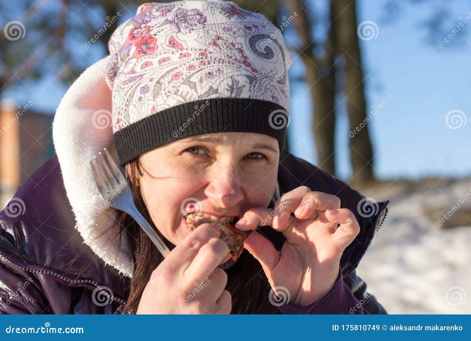 Child Eating Meat on a Picnic in Nature in the Forest Stock Image ...