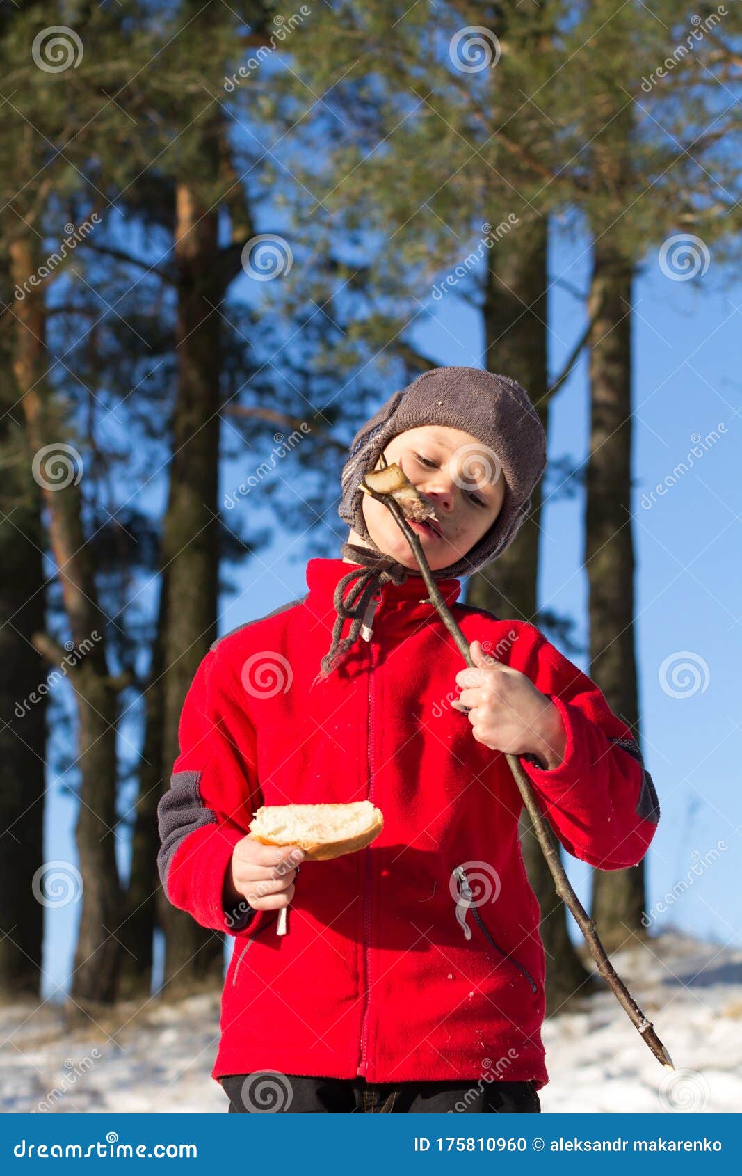 Child Eating Meat on a Picnic in Nature in the Forest Stock Photo ...