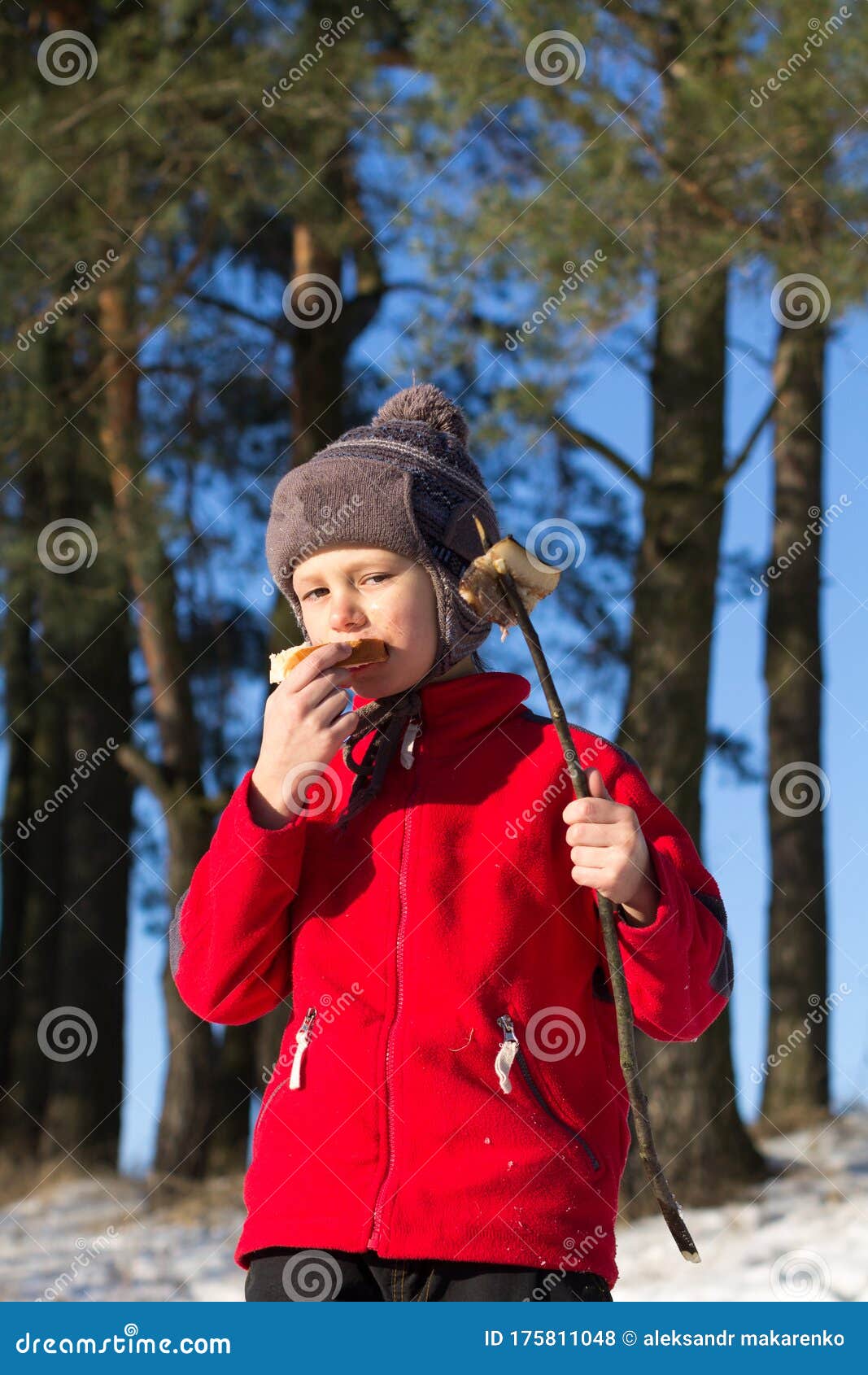 Child Eating Meat on a Picnic in Nature in the Forest Stock Photo ...