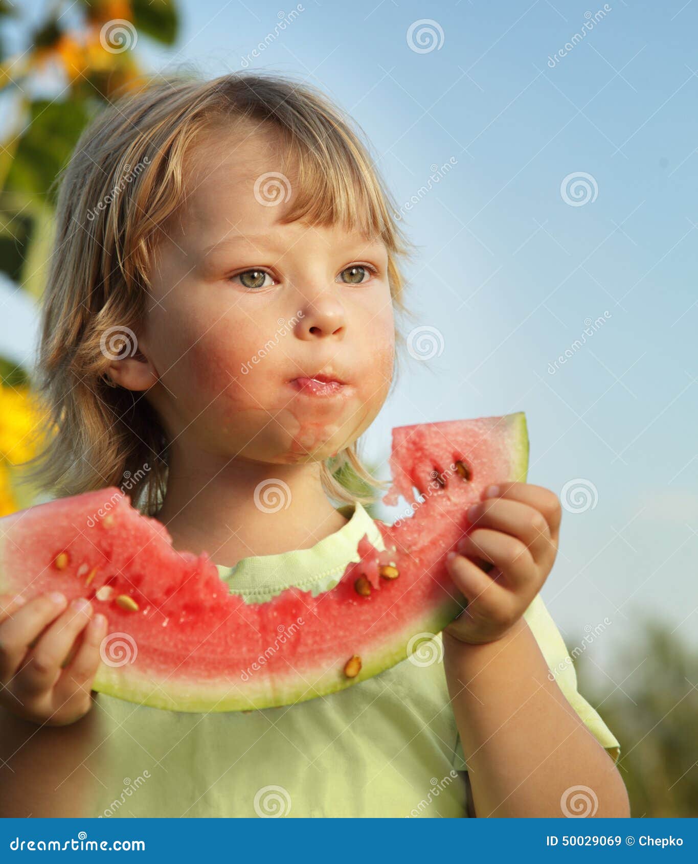 Child Eating Watermelon in the Garden Stock Image - Image of healthy ...