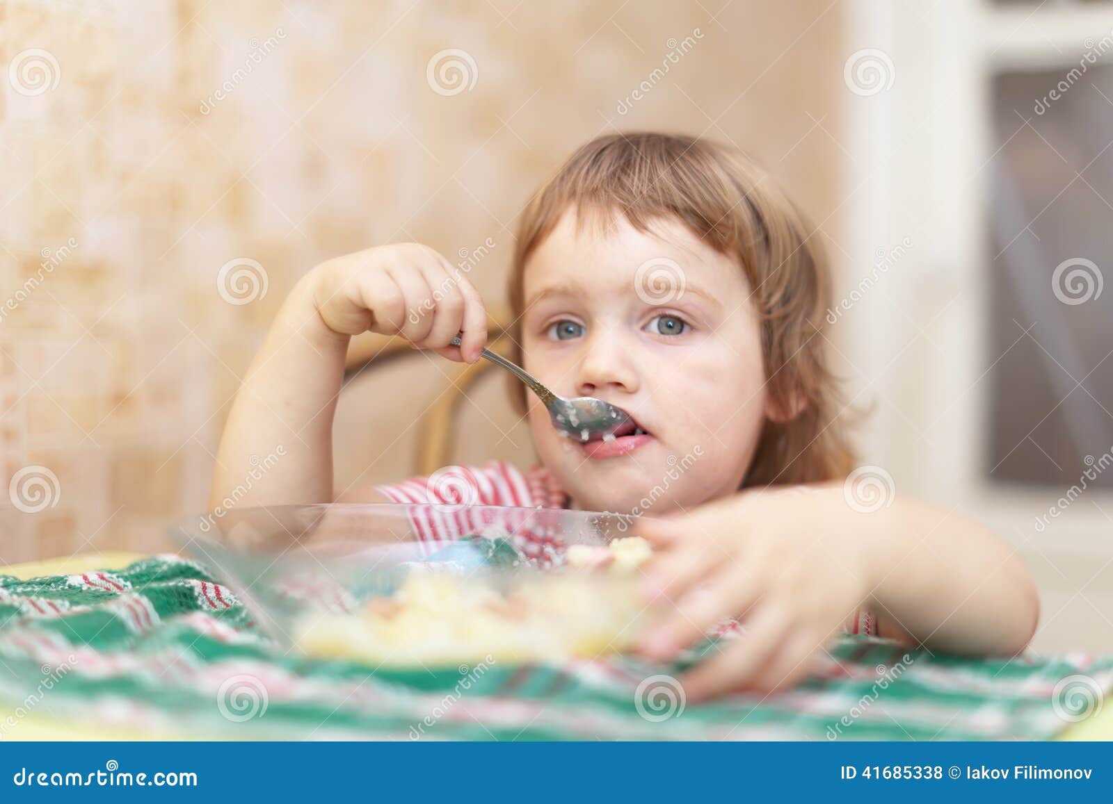 Child Eats with Spoon in Home Stock Photo - Image of child, healthy ...