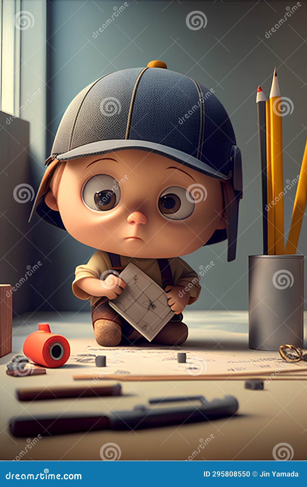 Child Engineer with Blueprint and Pencils. 3d Render Illustration Stock ...