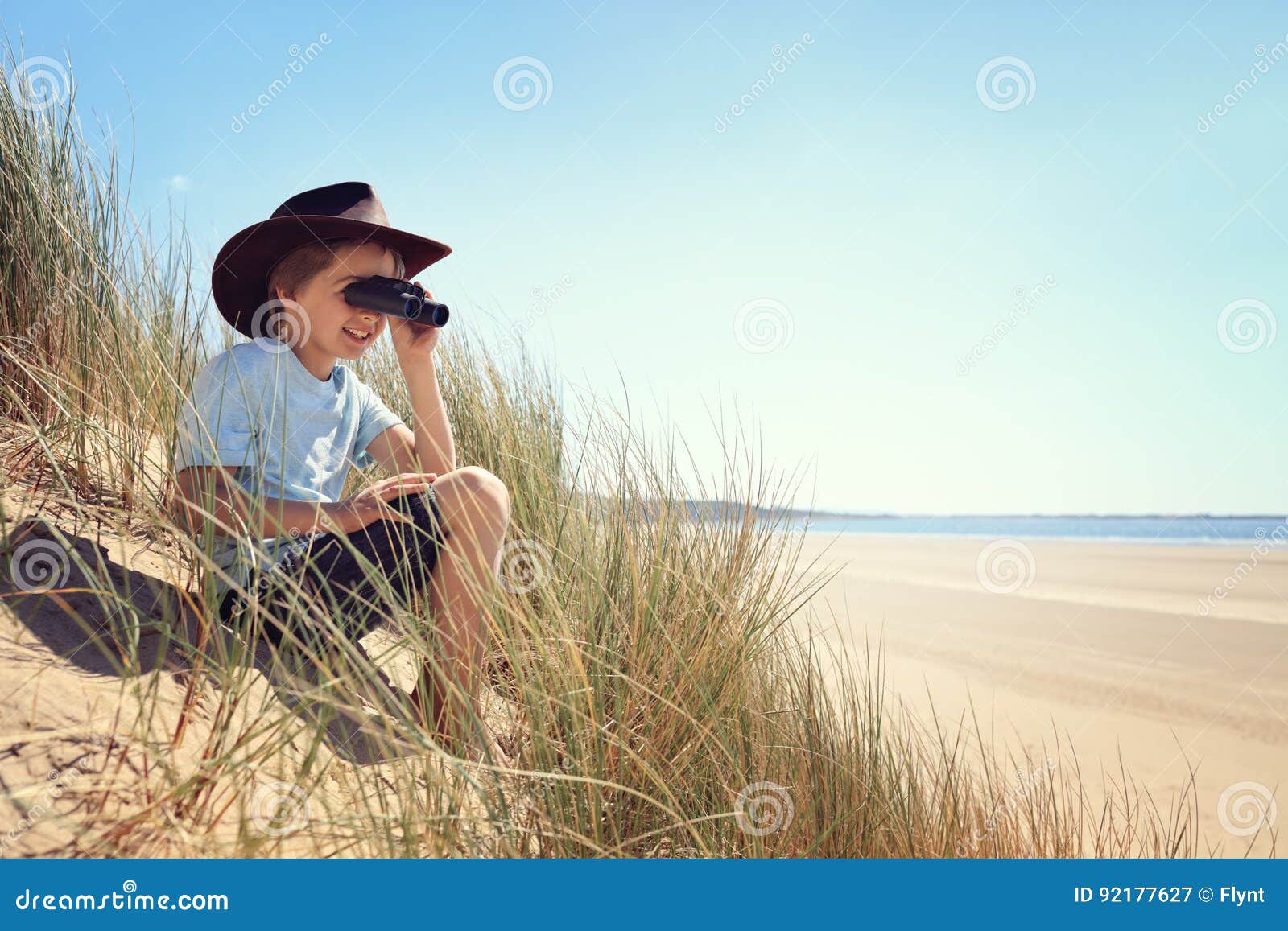 Child Explorer with Binoculars at the Beach Stock Image - Image of ...
