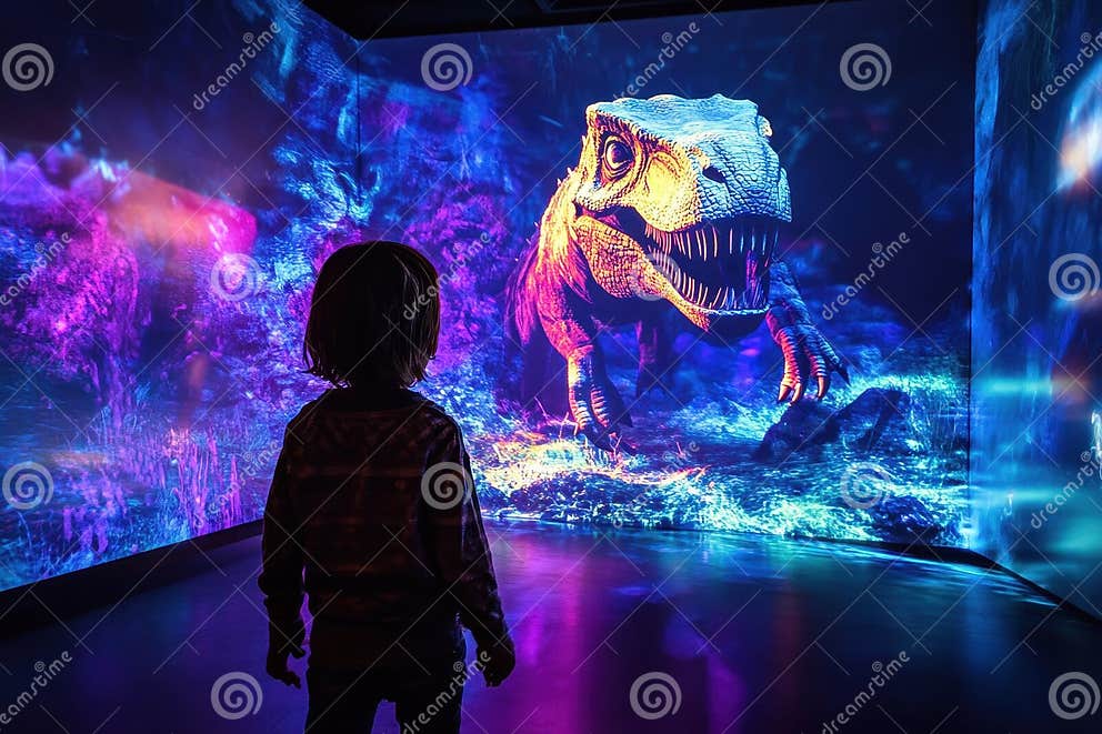 Child Exploring Interactive Virtual Museum with Dinosaur Projection in ...