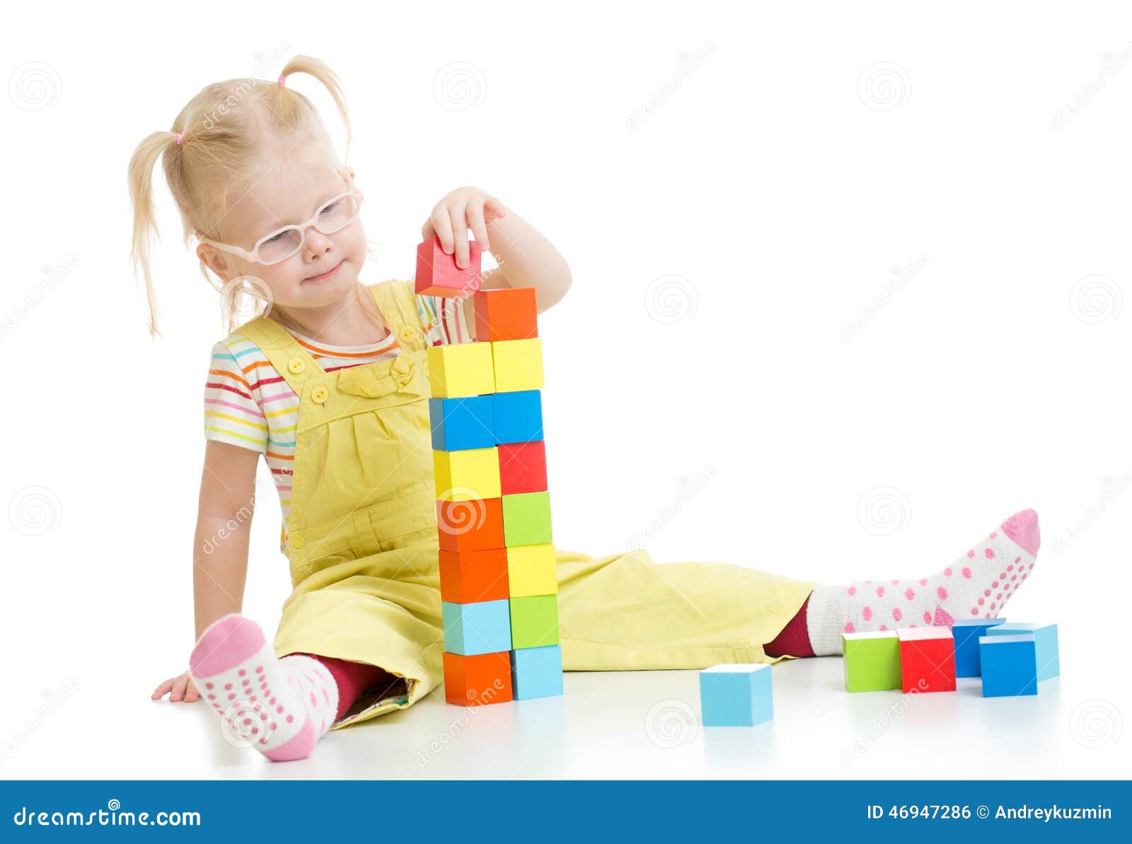 Child in Eyeglases Playing Building Blocks Stock Photo - Image of ...