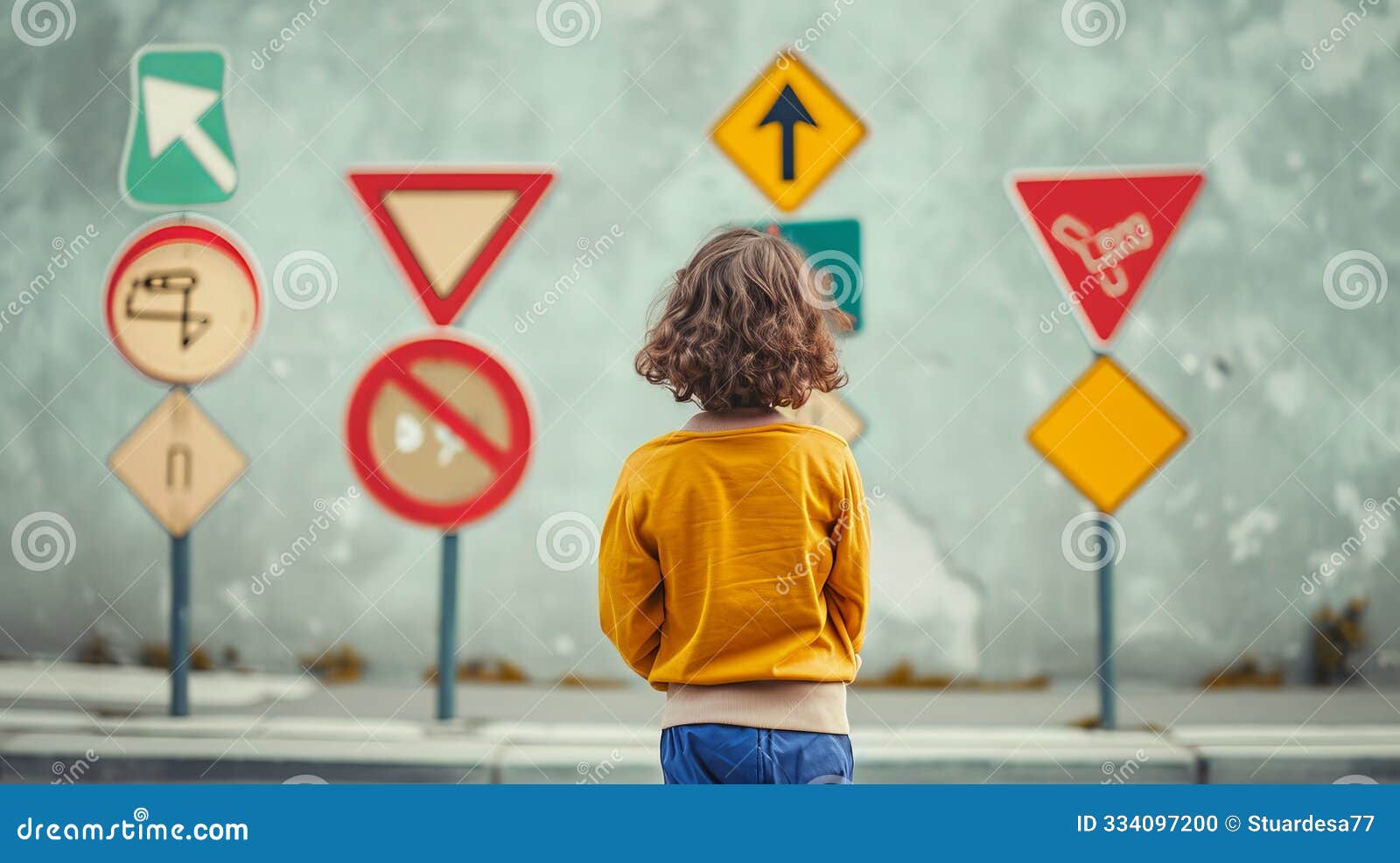 Child Facing Various Confusing Road Signs Stock Photo - Image of ...