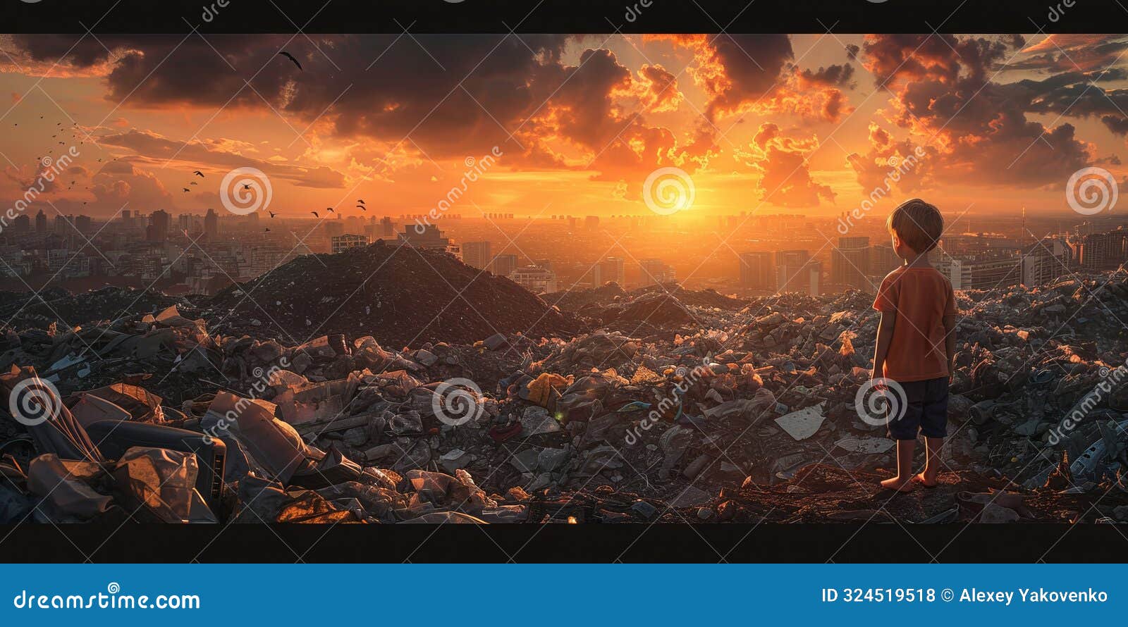 Child Facing a Vast Pile of Waste at Sunset Stock Photo - Image of asia ...