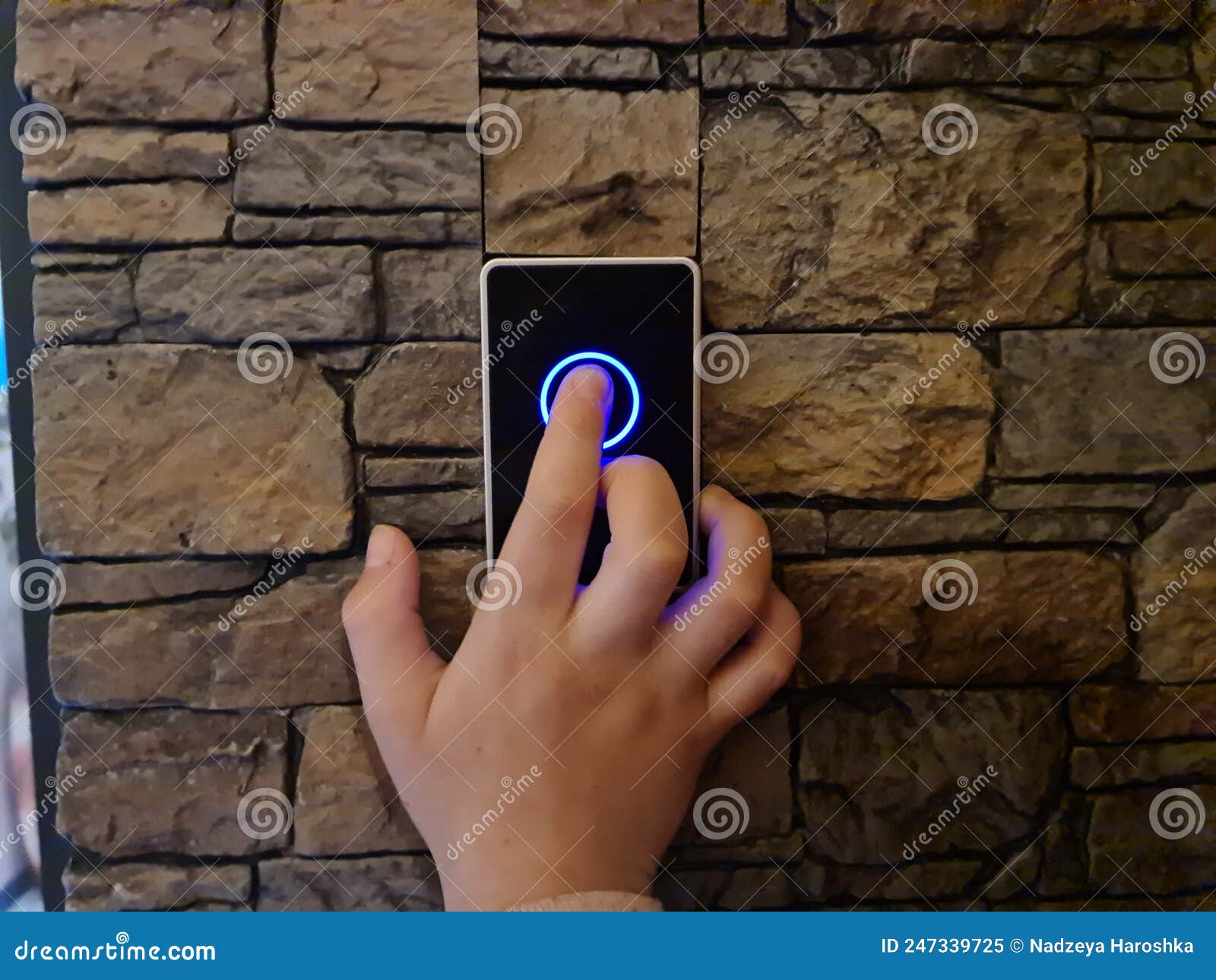 Child Finger Presses Round Touch Button Closeup Stock Image - Image of ...