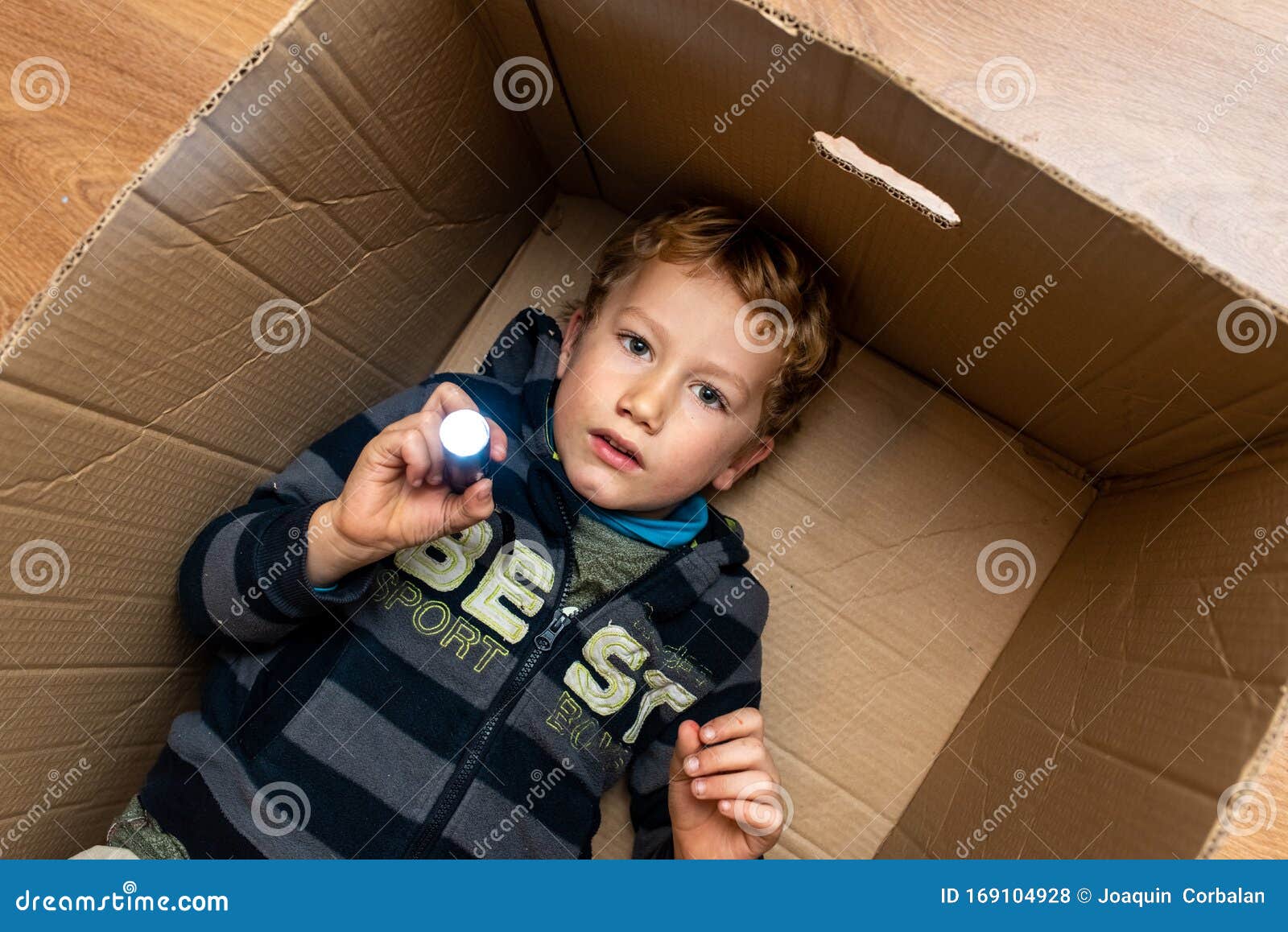 Child with Flashlight Inside Cardboard Box and Expression of Surprise ...