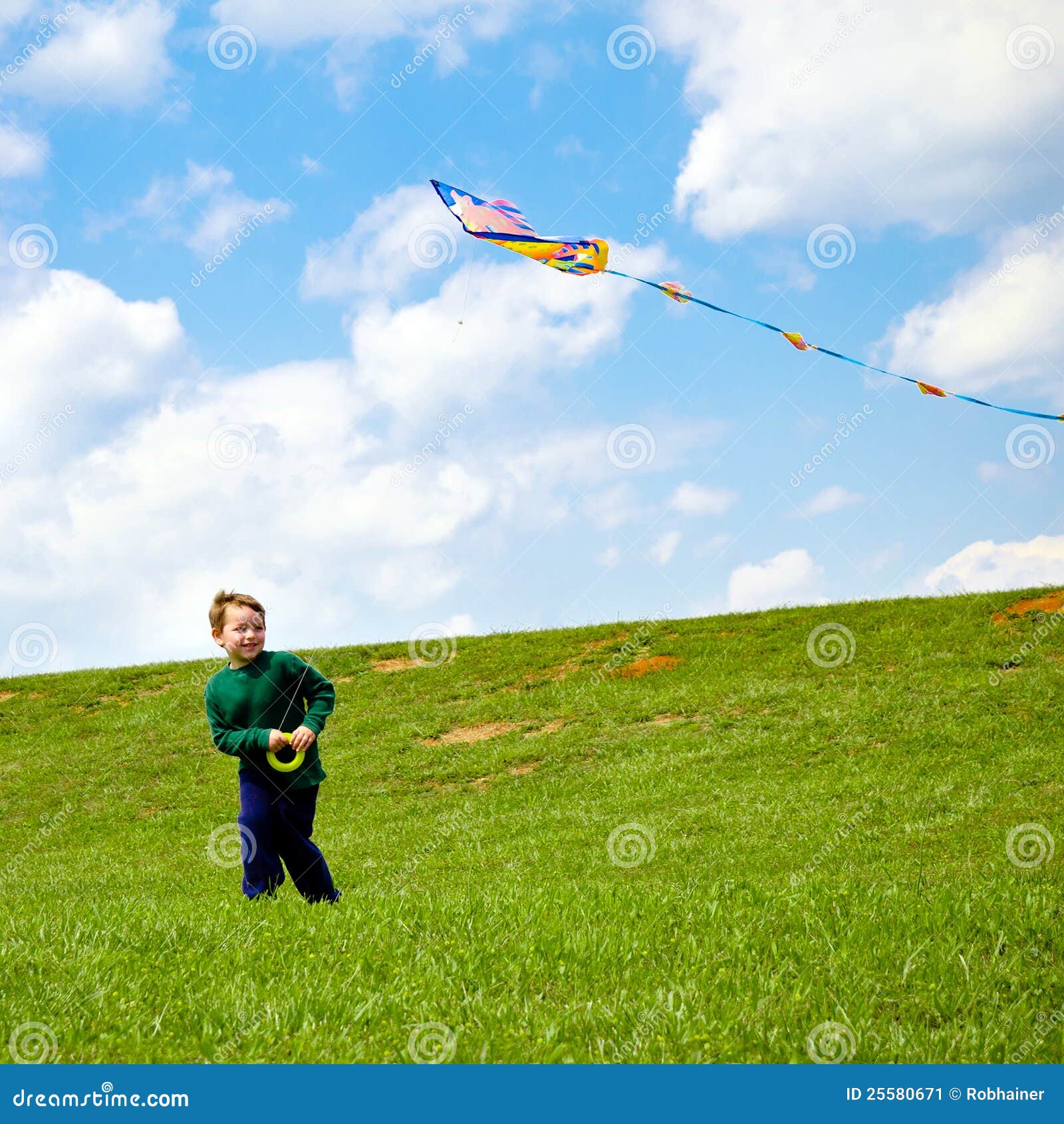 Child Flying Kite and Playing Outdoors Stock Image - Image of playing ...