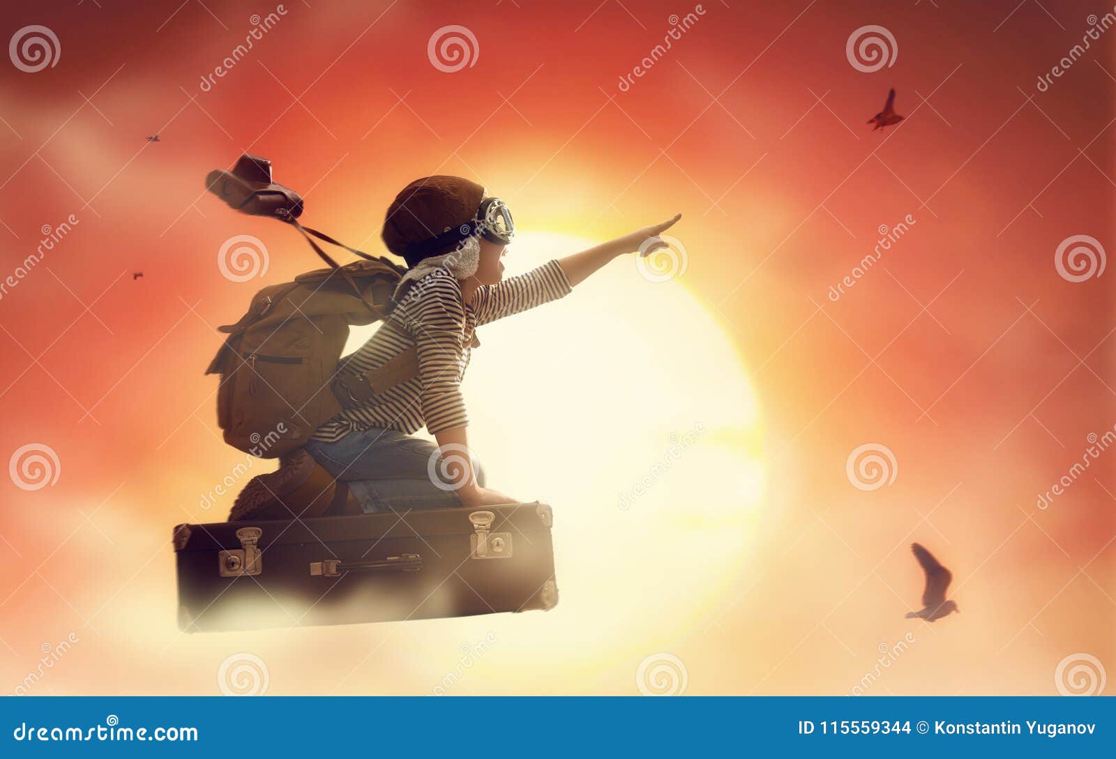 Child flying on a suitcase stock photo. Image of inspiration - 115559344